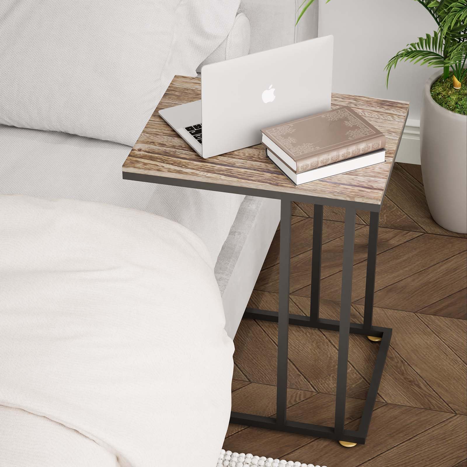 Cloud Space C-Shaped Side Table, Multifunctional End Table with Metal Frame, Detachable Solid Wood Flat Tabletop, Replaceable with Solid Wood Tray Top(Rustic Brown