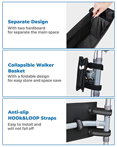 ISSYAUTO Walker Basket, Strap Mount Walker Cup Drink Holder with Two Split Board, Foldable Walker Storage Bag, Best Gift for Family and Friends - Black (Not Fit Rollator Walkers)