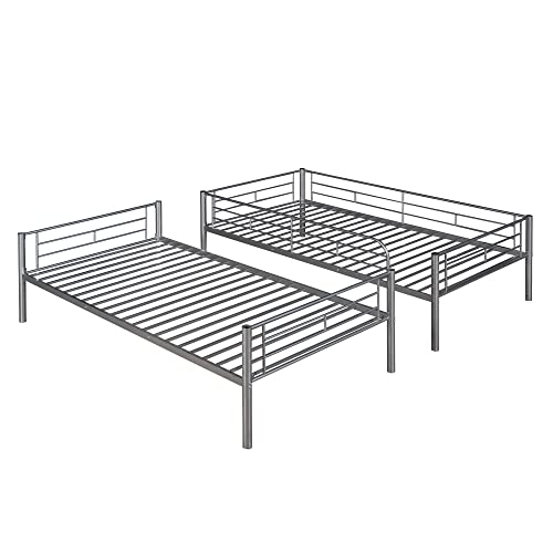 EMKK Metal Floor Bunk Bed, Twin Over Twin,Metal Bunk Bed, Twin Over Twin Size Beds with Sturdy Guard Rail & Removable Ladder,White