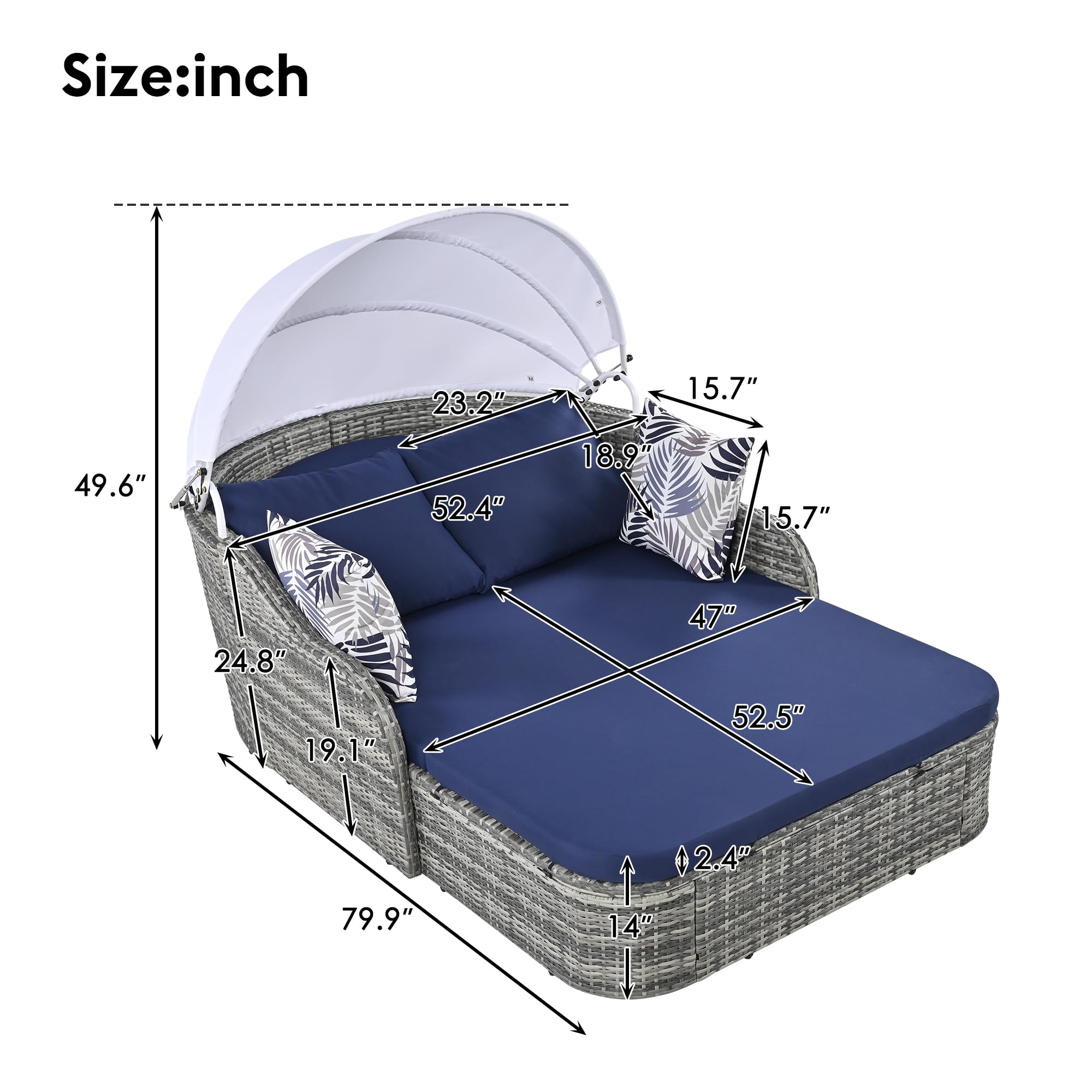 Bellemave Outdoor Patio Sunbed Daybed with Adjustable Canopy,PE Wicker Rattan Daybed Double Chaise Lounger with Cushions and Pillows for Garden, Backyard(Blue)