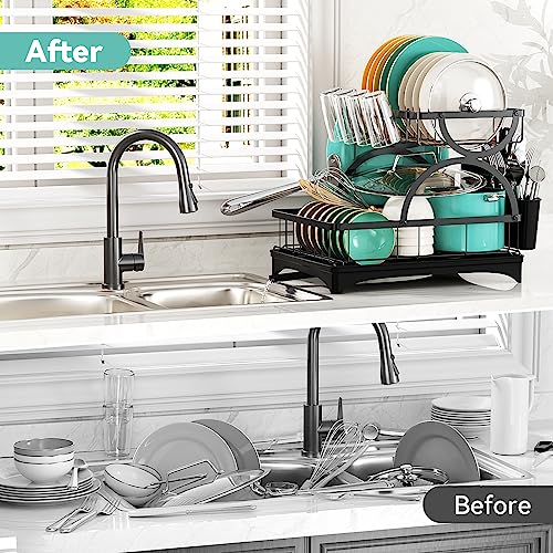 Elerator Dish Drying Racks for Kitchen Counter, Large 2 Tier Dish Rack with Drainboard, Rust-Proof Metal Dish Drainers with Detachable Cup Holder, Cutlery Holder, Cutting Board Holder.