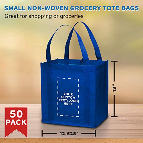 DISCOUNT PROMOS Custom Reusable Grocery Tote Bag for Shopping - 50 Pack - Personalized Logo, Text -Small Foldable Bags β Blue