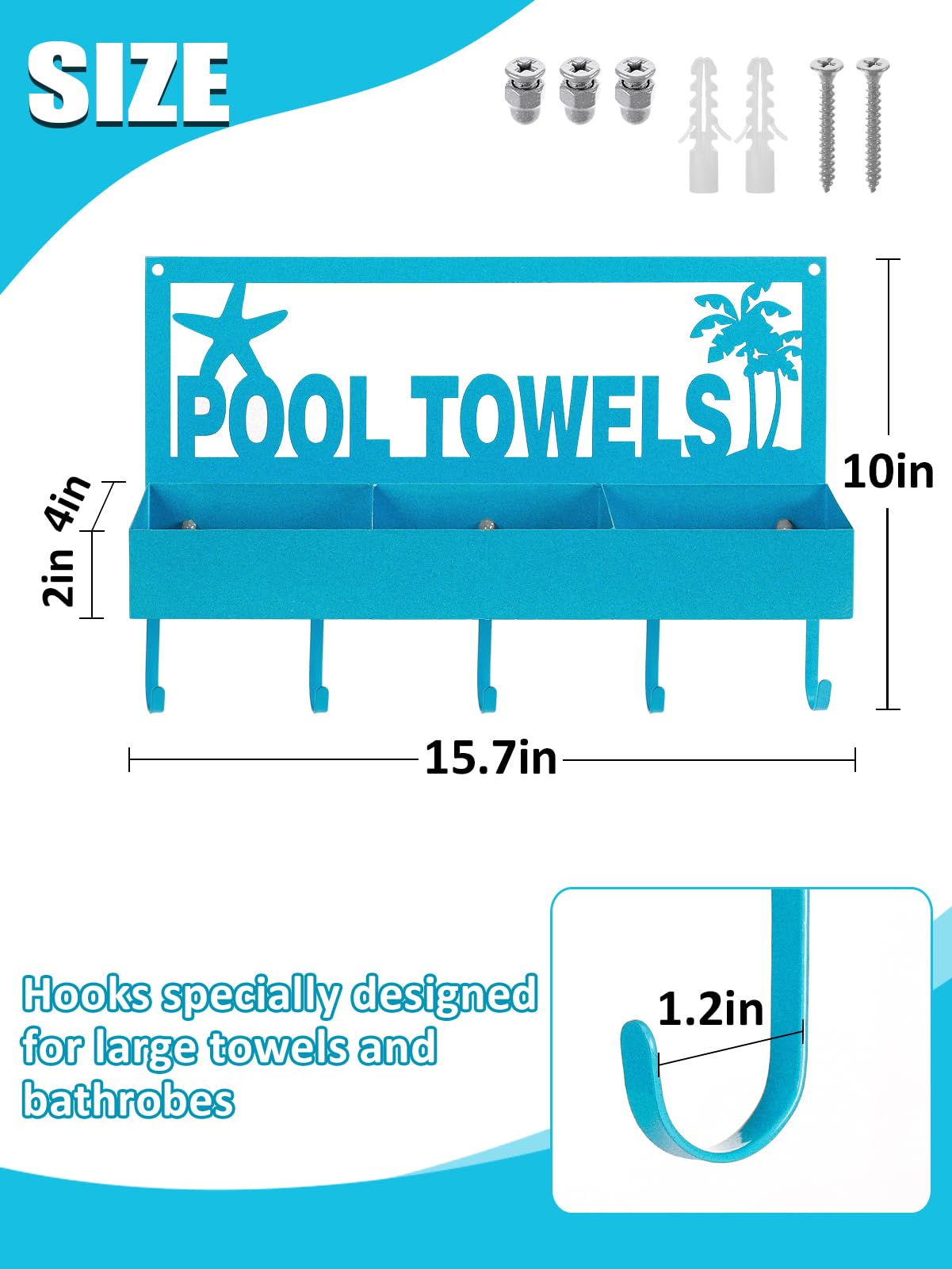 Pool Towel Rack - 2-in-1 Outdoor Poolside Beach Washcloth Drying Rack Holder, Wall Mounted Metal Hooks Decor for Bath Towel Storage, Robe Swimsuit, Coat, Bags, Phone, Keys - Blue