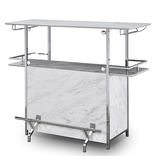 Furniture of America Linda Glam Faux Marble Multi-Storage Bar Table with Comfortable Footrest for Dining Room, Kitchen, White and Chrome