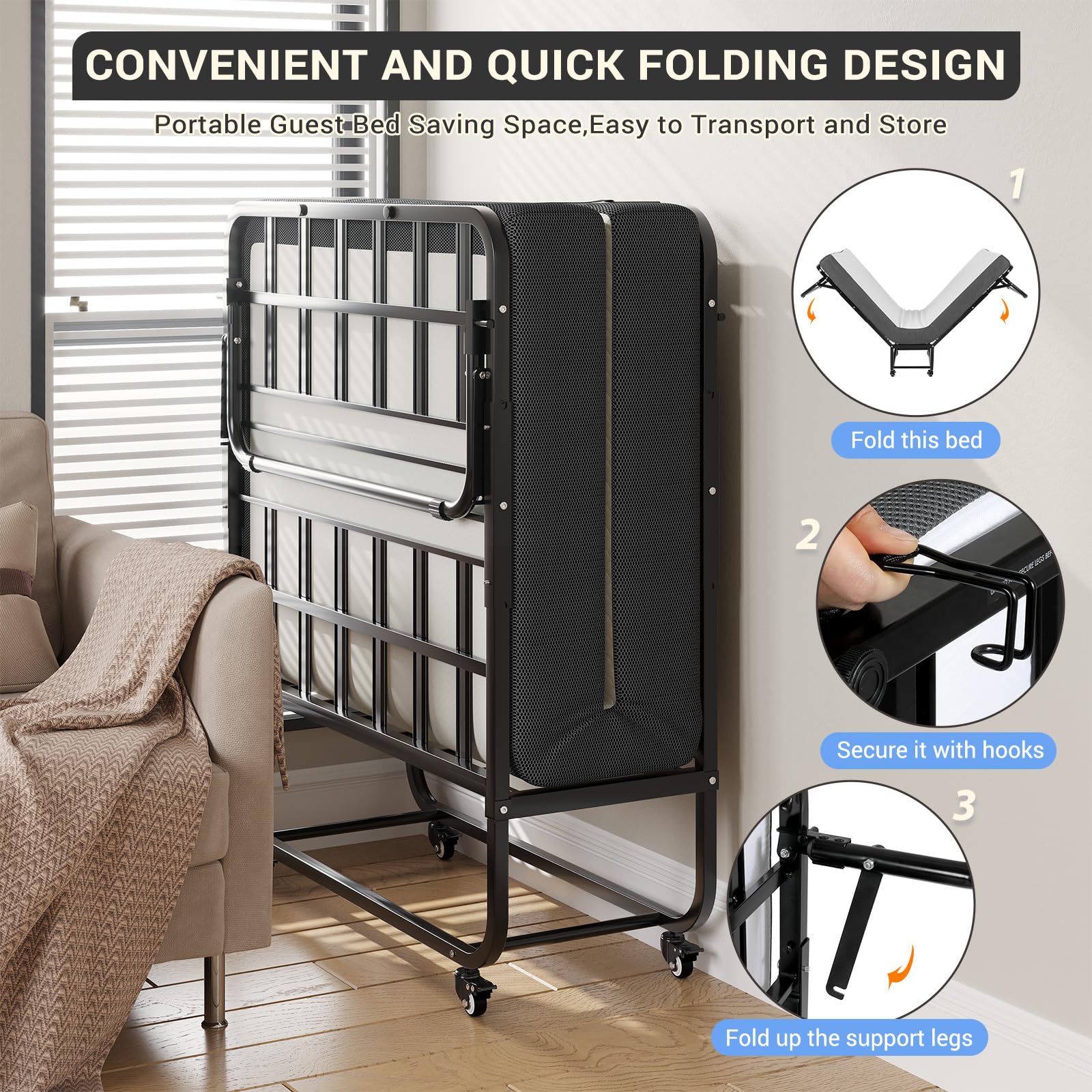 DICTAC Folding Bed with Mattress 75x38 Twin Size Bed Frame Portable Foldable Guest Bed for Adults Rollaway Bed with Wheels Fold up Bed with Metal Slats Bed Frame- 5'' Luxurious Memory Foam Mattress