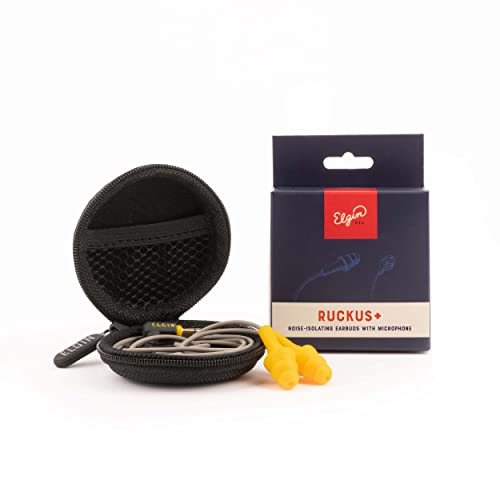 Elgin Ruckus+ Earplug Earbuds with Mic, 25 dB Noise Reduction Wired Earbuds, Safety Ear Plugs Headphones, OSHA Compliant Hearing Protection for Work Construction Industrial, Sweatproof Headphones