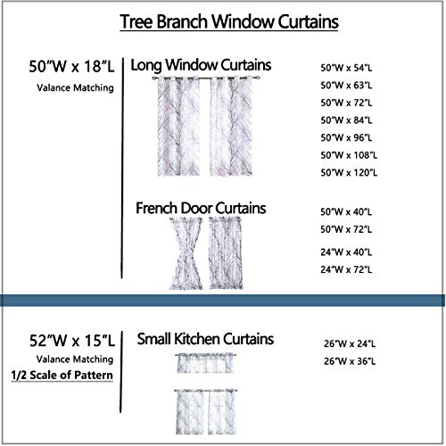 FMFUNCTEX Print Blue White Semi-Sheer Curtain Panels for Bedroom 63β Grey Tree Branch Printing on Linen Textured Window Treatment Set for Living Room Draperies 50βw 2-Pack