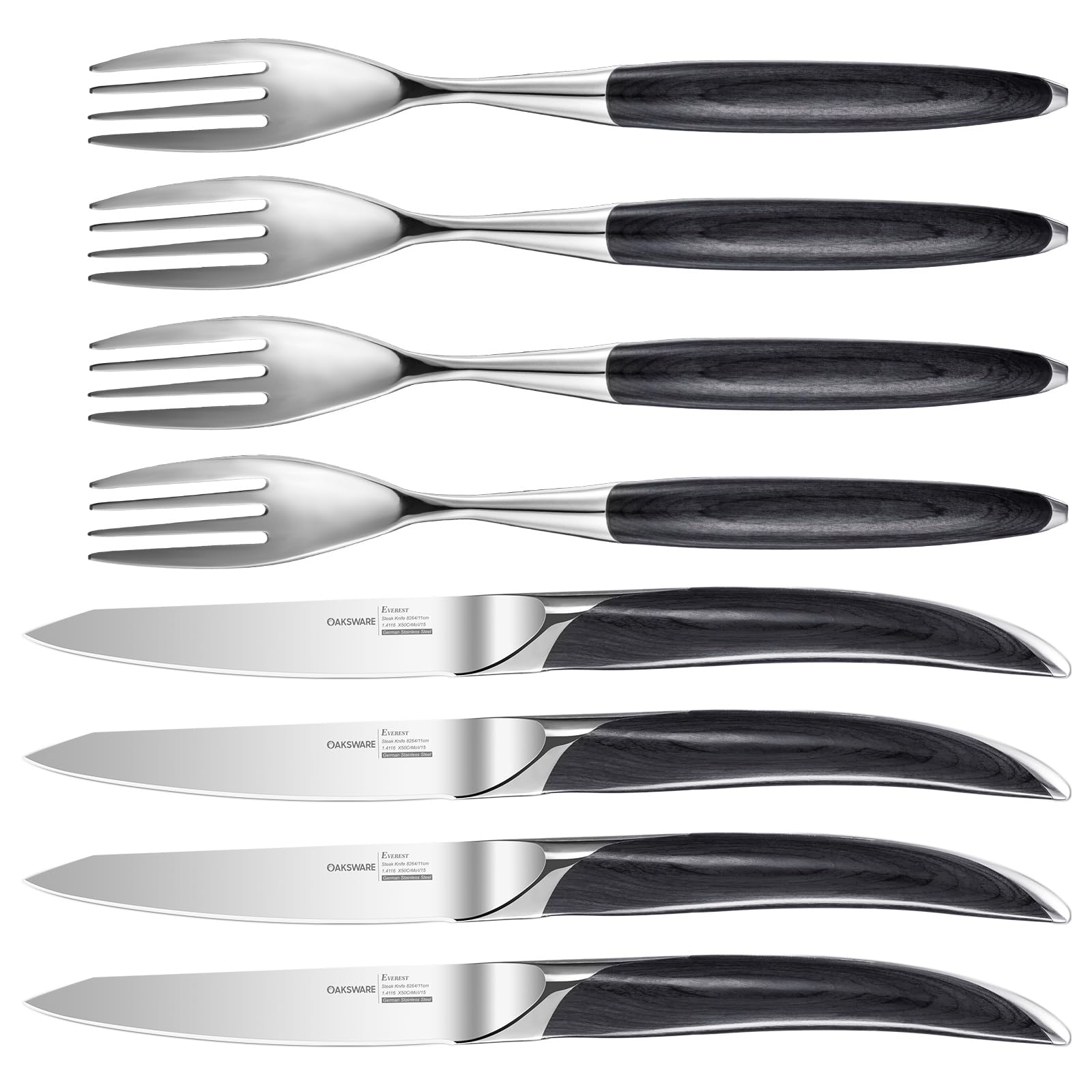 OAKSWARE Steak Knives and Dinner Forks Set of 8, German Stainless Steel Tableware, Flatware Cutlery Set for Kitchen, Mirror Polished, Full-Tang Wooden Handle, Rust Resistant & Easy to Maintain, Black