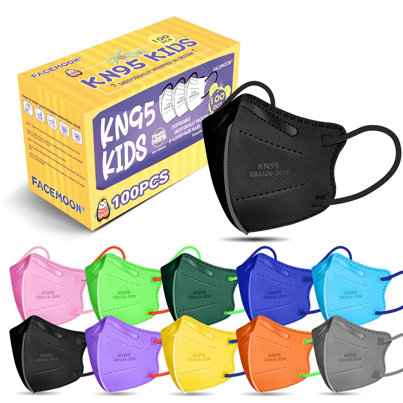 KN95 Masks Disposable for Kids, 5 Layer Protection 100 Pack Individually Wrapped KN95 Masks Children Size Breathable Adjustable Face Mask for Girl and Boy, Mascarillas para NiĂąos Aged 4-12