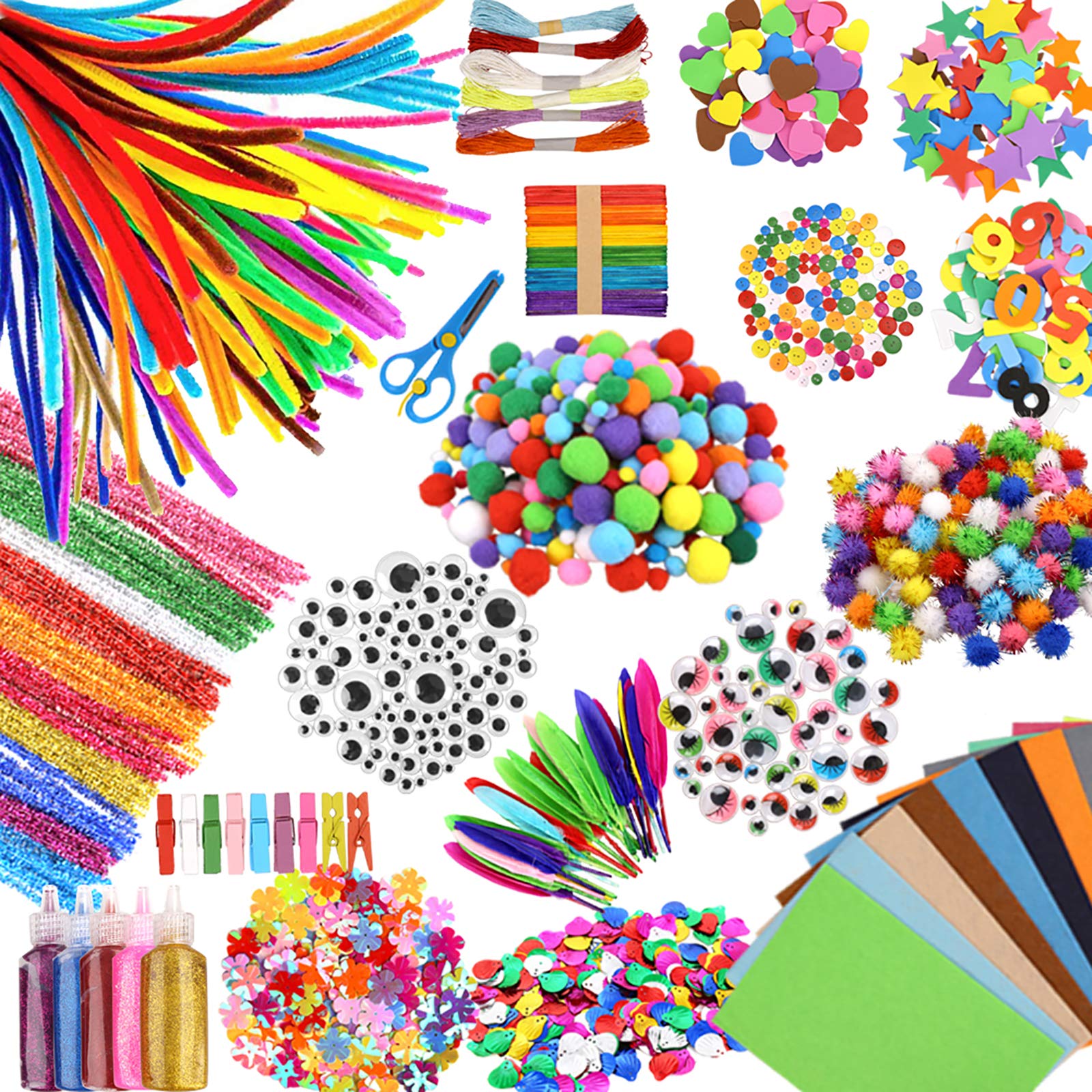 INFLORAL 1600+ Set Decorative toy mobiles and plush toys for Children made of felt/Bendable toys for Kids - Craft Accessories for Toddlers Googly Eyes Pipe Cleaners Poms Feathers Buttons Sequins