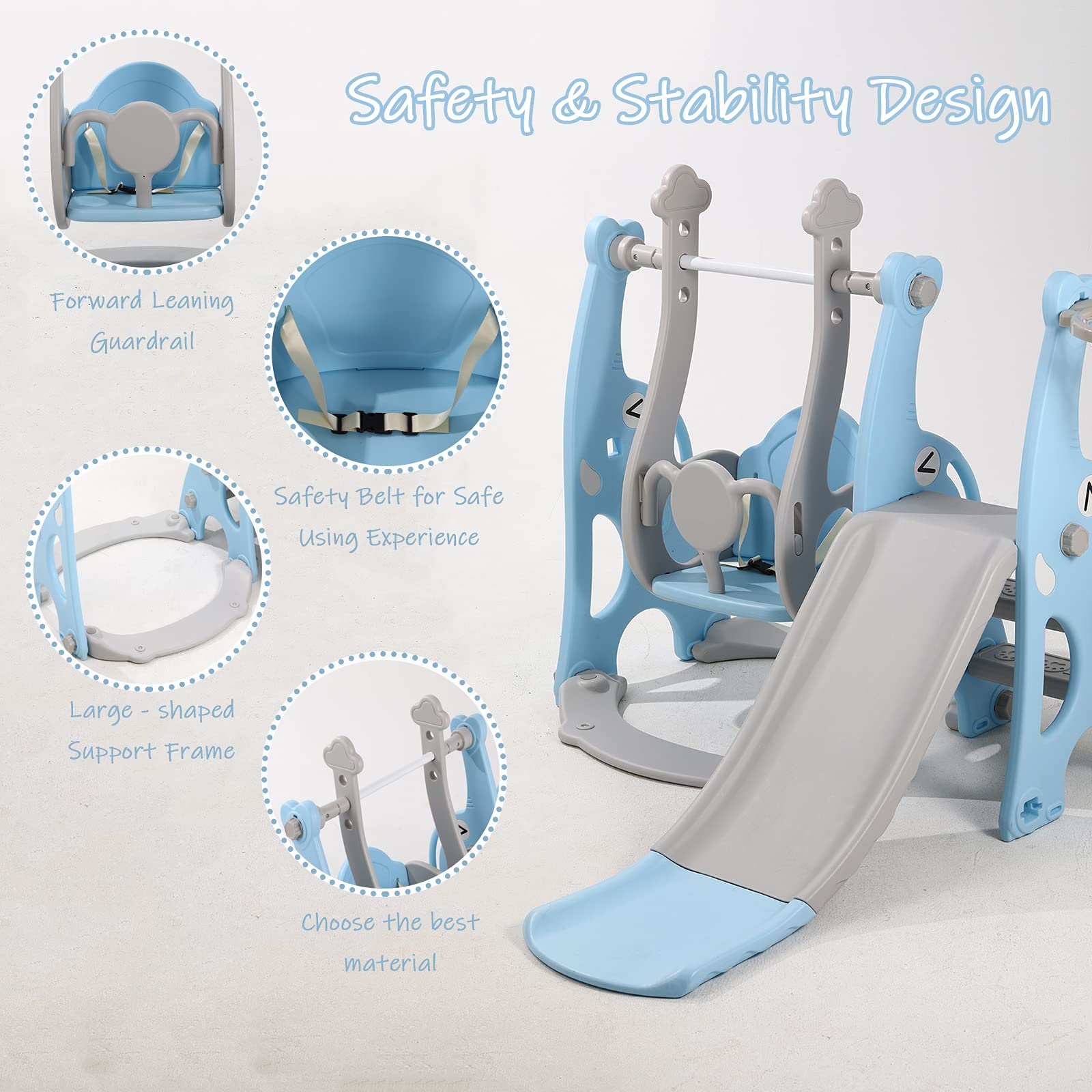 LANGYI Children's Four in One Slide Swing,with Basketball Frame and Ball Extra Long Slide,Children's That Can Be Installed at Will Indoor Outdoor Garden (Blue)