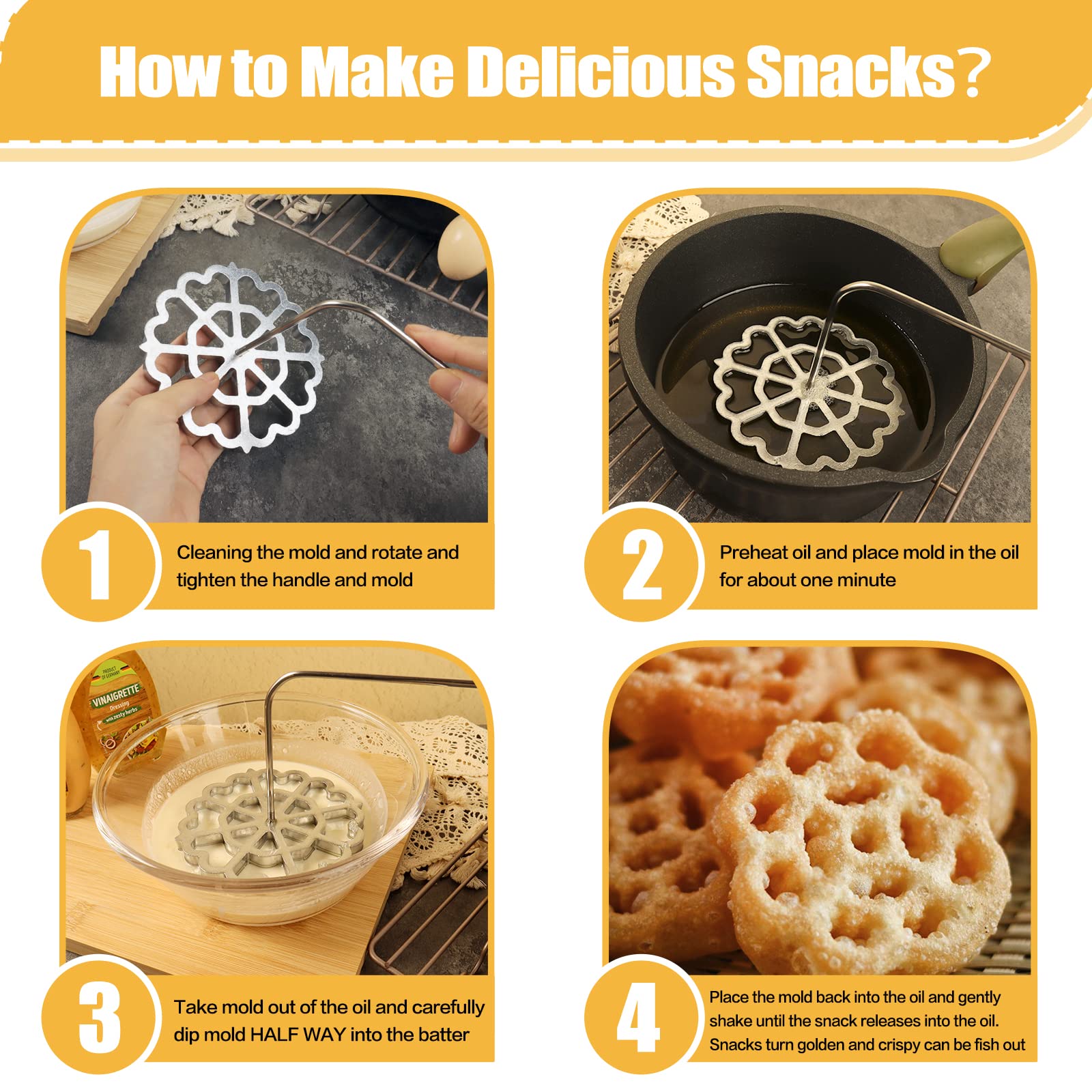 Bunuelos Mold Rosette Iron Molds Set with Wooden Handle, Lotus Flower Bunuelos Cookie Maker Mold, Funnel Cake Maker Cooking Stamp Maker Kit,4.7 Inches