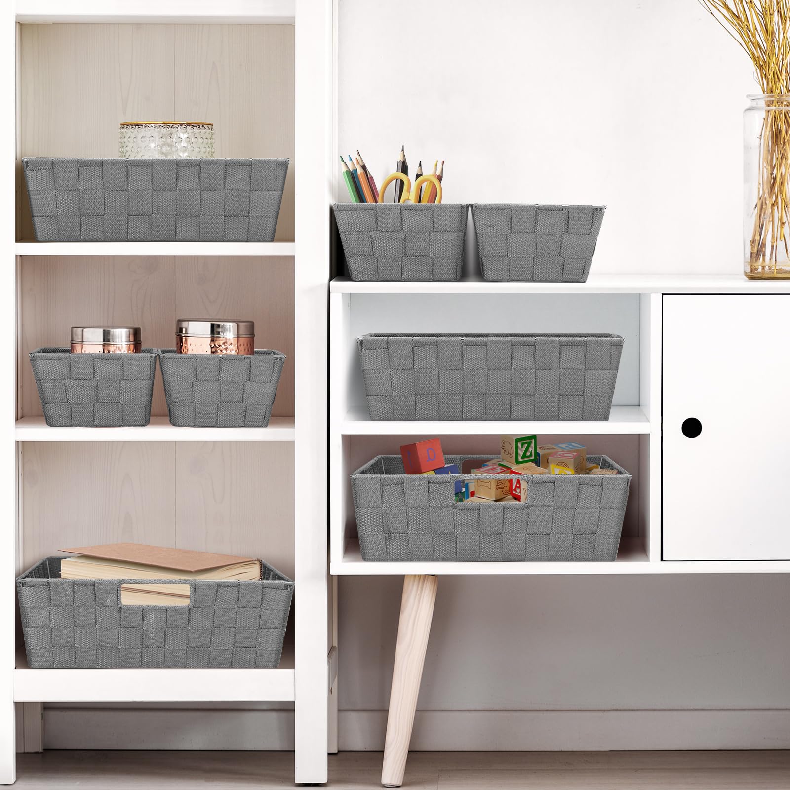 Bellzacasa Woven Storage Baskets, Storage Baskets for Organizing (Set of 8), Cube Baskets Bin Container Baskets Storage Boxes Organizers with Handles for Bedroom, Office, Closet, Nursery, Black