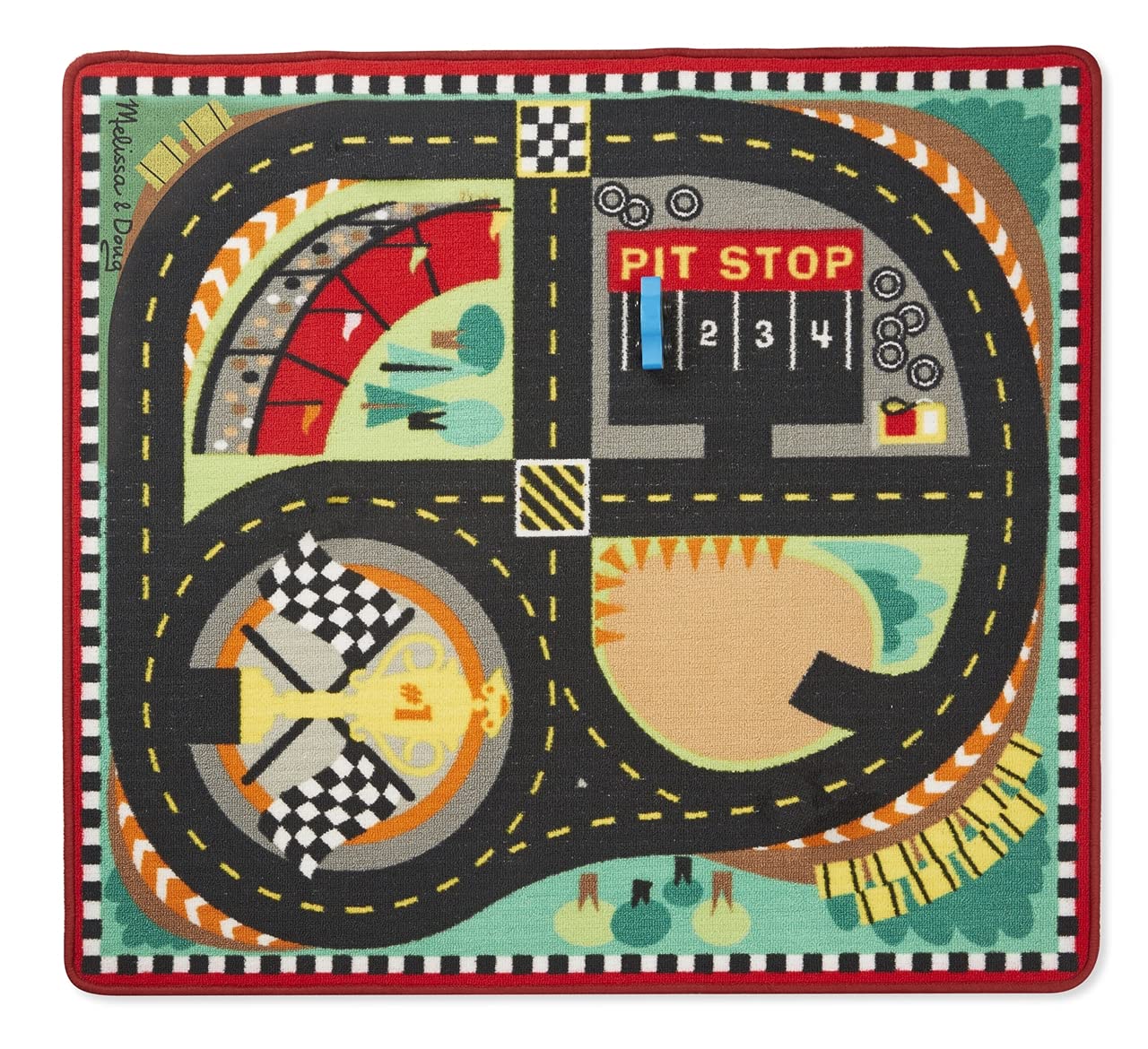 Melissa & Doug Round the Speedway Race Track Rug With 4 Race Cars (39 x 36 inches) , Black