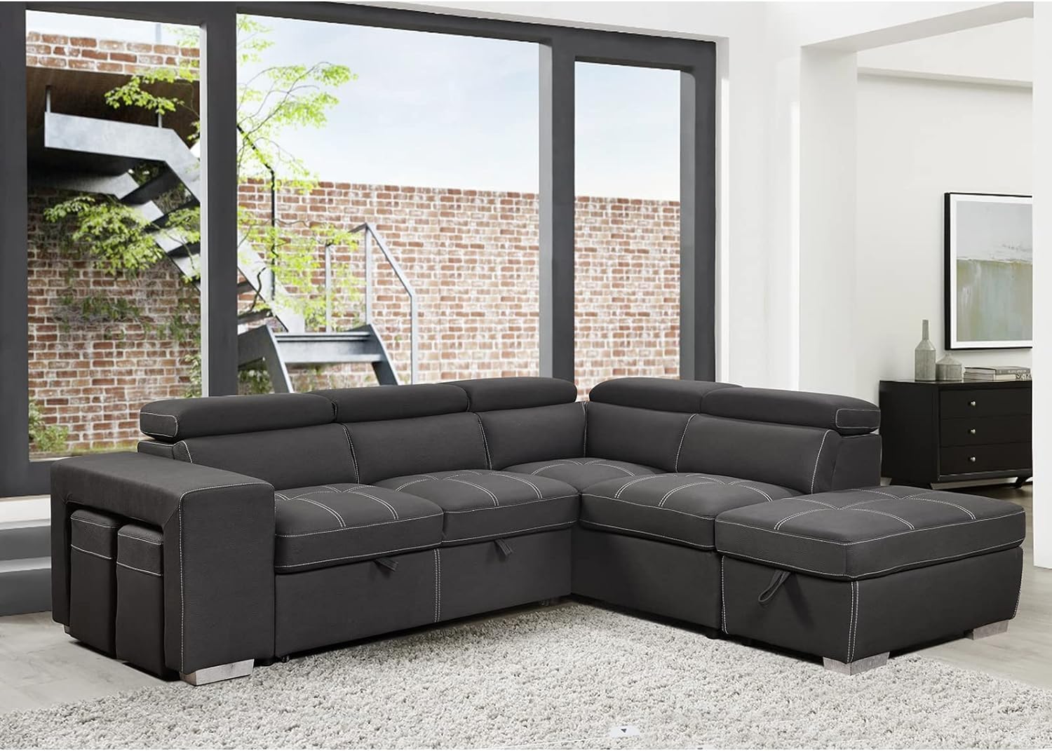 HanStrong 104" Sectional Sofa Couch Sleeper Sofa with Pull Out Bed, Adjustable Headrest, Chaise, Storage Ottoman and Stools, L Shaped Sofa Bed Comfy Microfiber Upholstered Sofa for Living Room, Grey