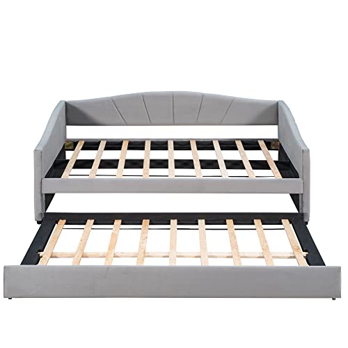 DEYOBED Twin Size Upholstered, Daybed Frame Sofa Bed with Trundle and Wood Slat for Bedroom, Living Room, No Spring Box Needed, Gray
