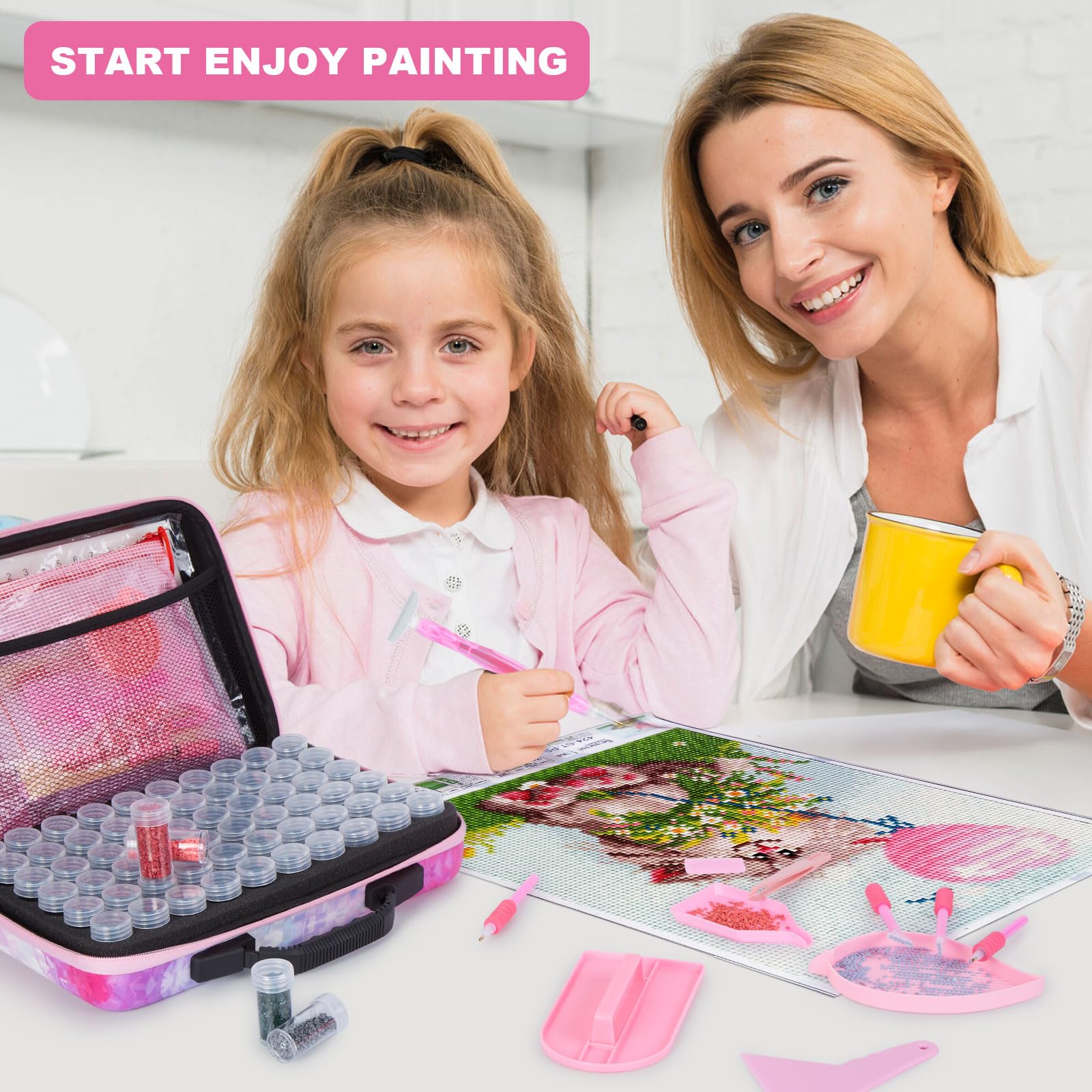 Fixm Diamond Painting Storage Container, 60 Slots Diamond Painting Accessories and Portable Diamond Painting Storage Box, Diamond Tool Set, Diamond Art Storage Box Jewelry Bead Storage Box - Pink