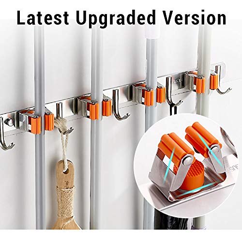 Broom Mop Holder Wall Mount Garage Storage Stainless Steel Heavy Duty Tools Hanger with 4 Racks 5 Hooks