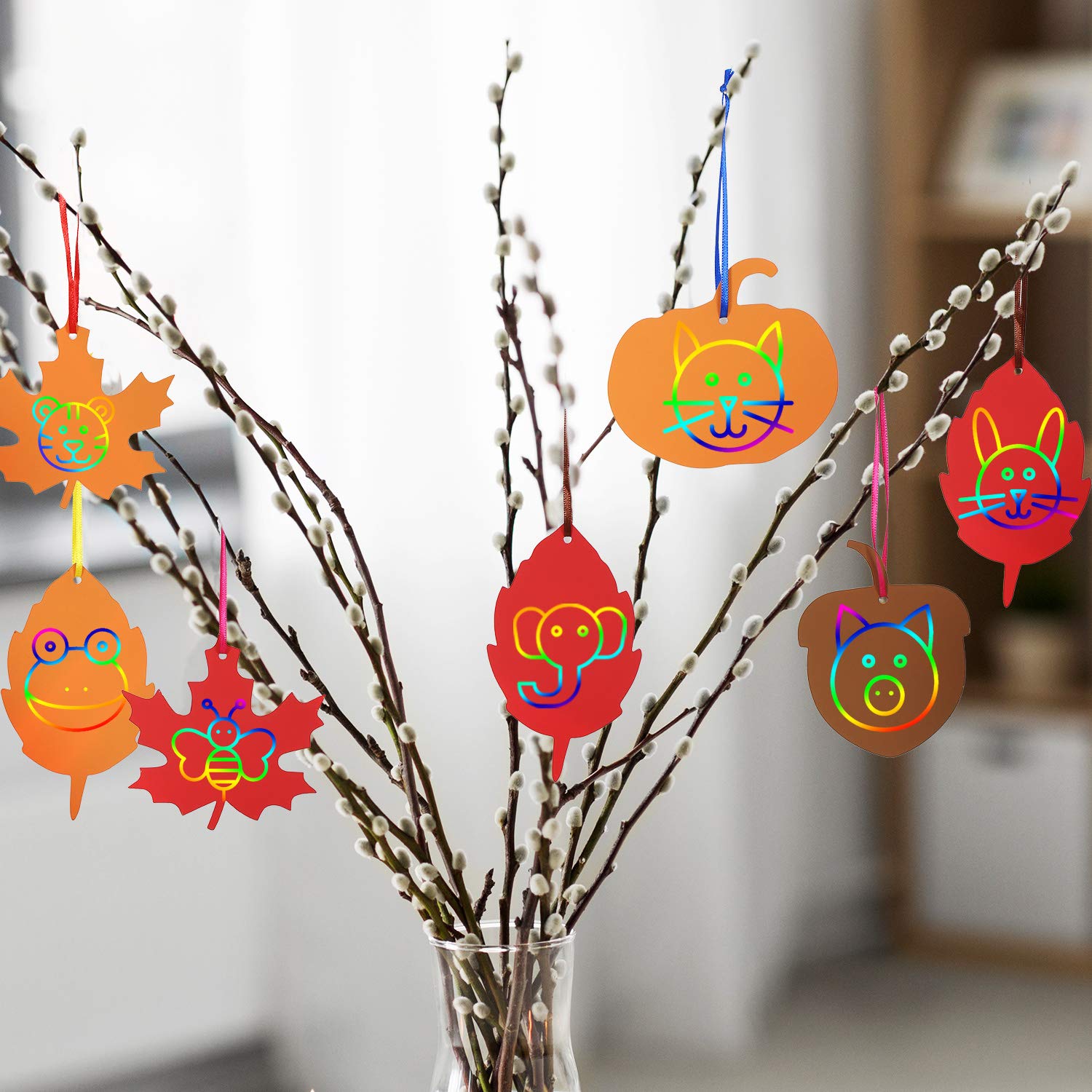 Gejoy 70 Pieces Thanksgiving Rainbow Scratch Paper Craft Kit Scratch Off Paper Fall Leaves Pumpkins Acorns Pattern Paper with Ribbons and Wooden Styluses for Harvest Party Decorations