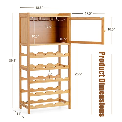 COSTWAY Freestanding Wine Rack, 20-Bottle Wine Display Shelf w/ 100% Bamboo Material, Glass Holder, Transparent Cabinet Door, Vertical Wine Bar Cabinet Organizer for Kitchen, Pantry, Home Bar