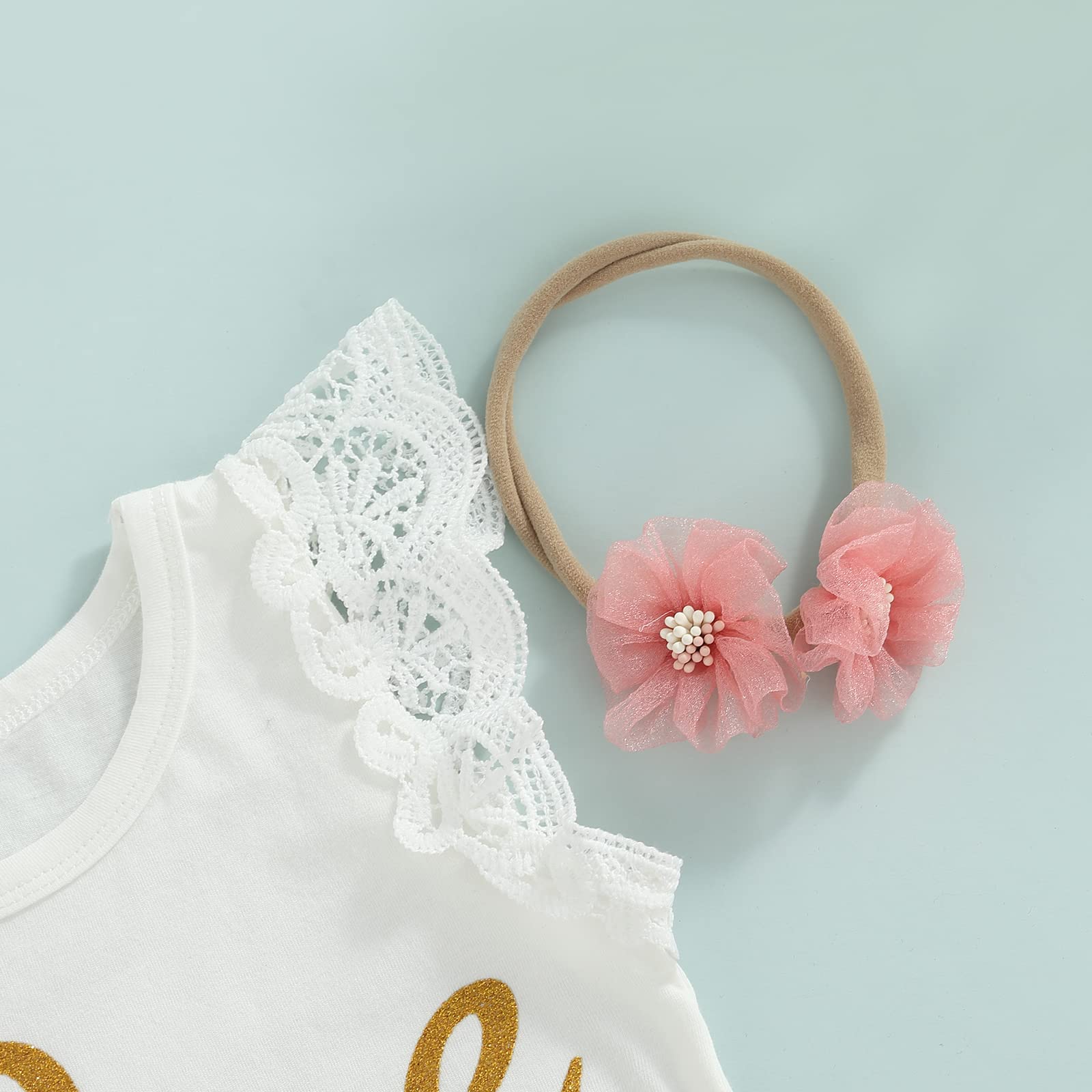 BemeyourBBs Baby Girl First Birthday Outfit Fly Sleeve Lace Romper Tutu Skirt Set with Headband (12-18 Months,sleeveless pink)