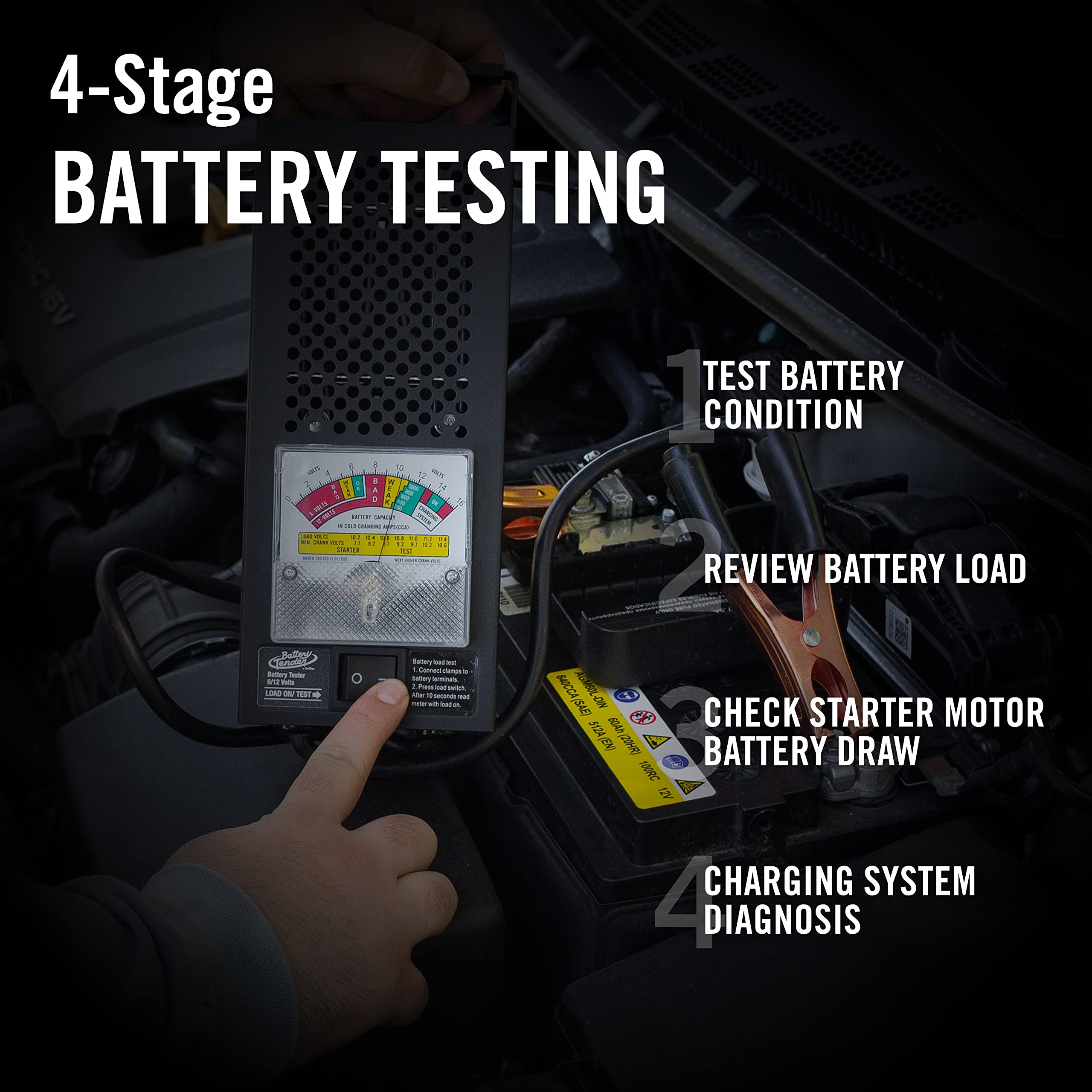Battery Tender Battery Load Tester 12 Volt at 100 Amps / 6 Volt at 50 Amps Battery Tester - Includes Alligator Clamps - 12V or 6V Battery Health Checker, Check Starter Motor Draw - 026-0020
