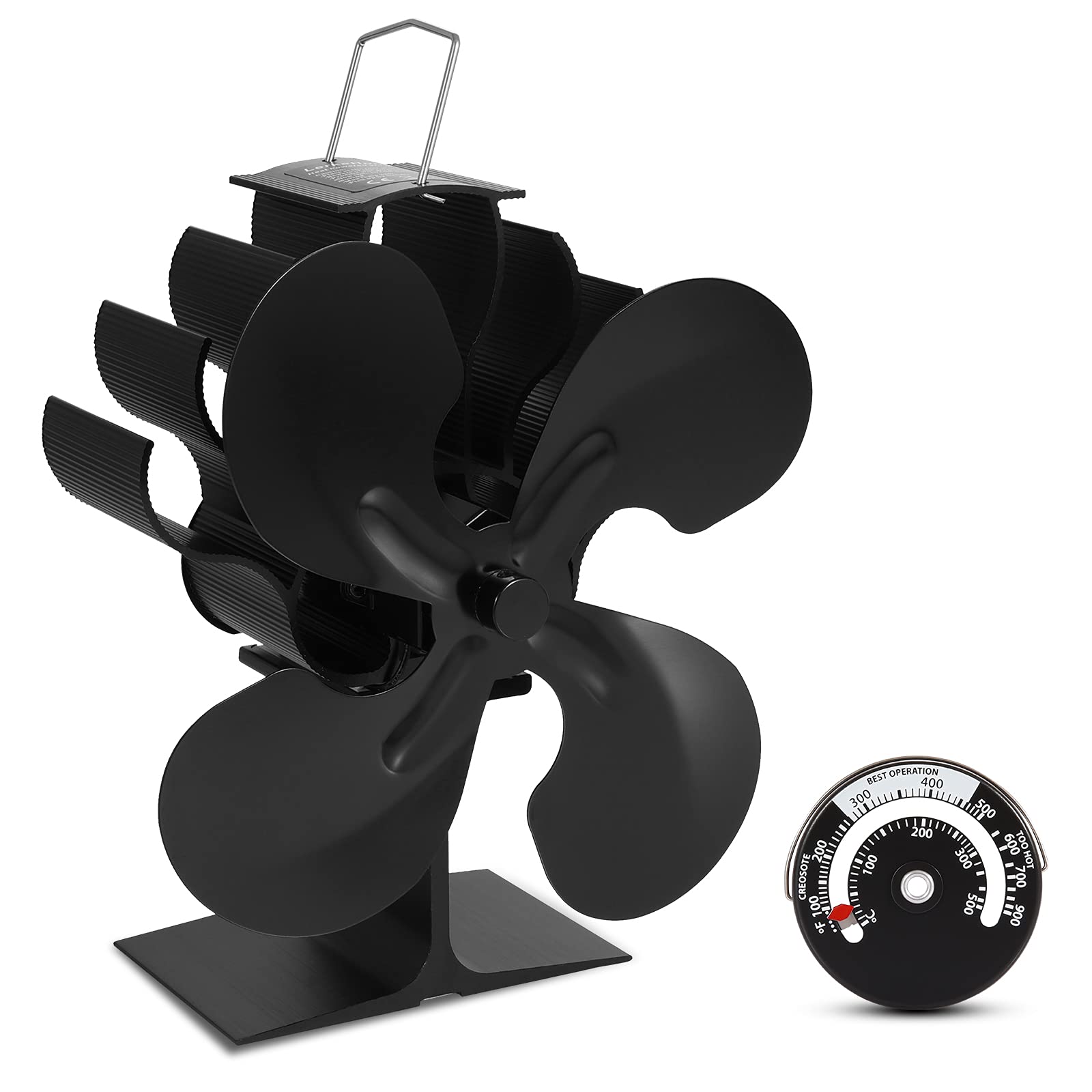 LerkeHony 4 Silent Heat Powered Stove Fan, Log Burner Fan with a Thermometer, Eco Friendly Heat Circulation for Wood/Log Burner/Fireplace/Free Stove Thermometer Satin/Black
