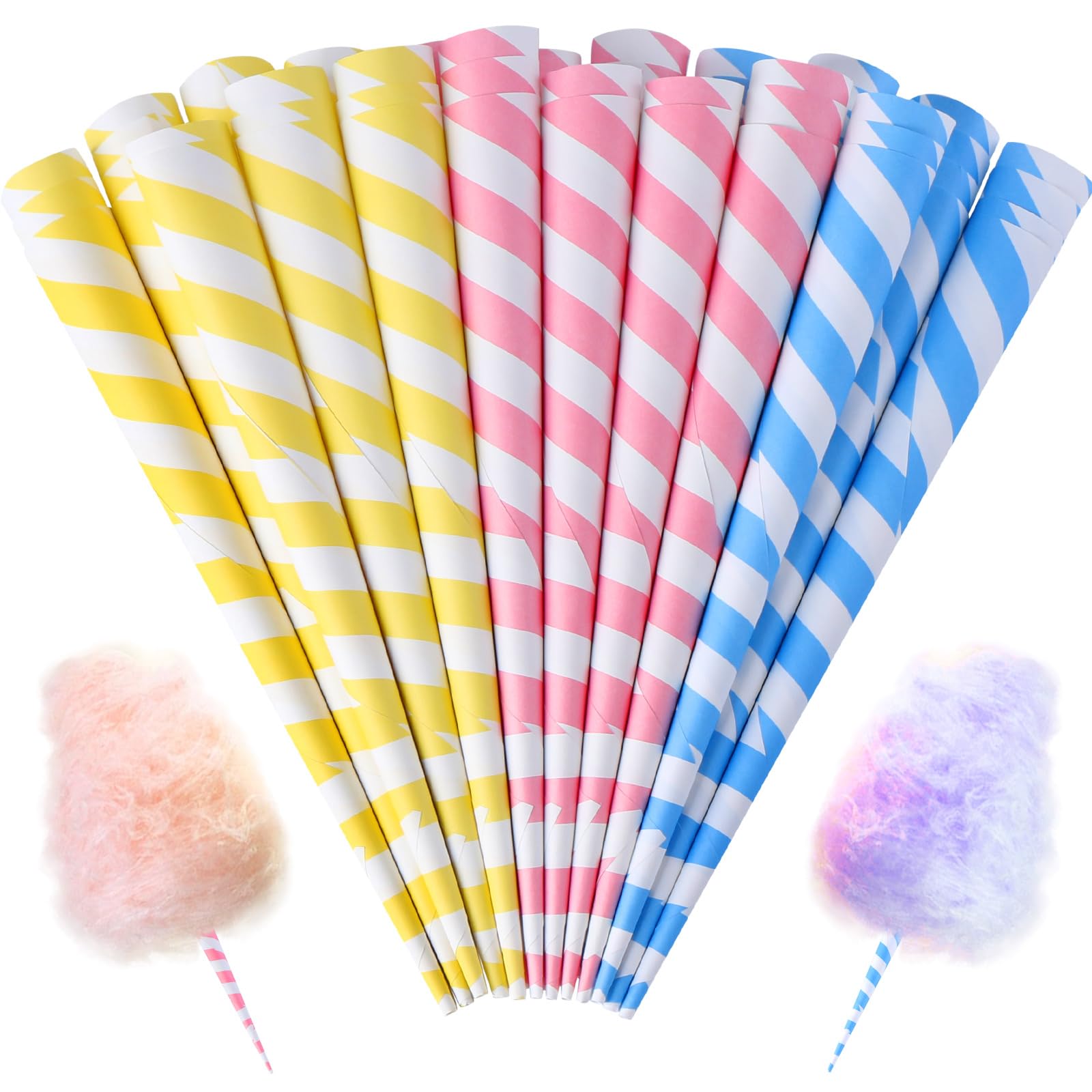 Cotton Candy Cones 60PCS, Multicolor Cotton Candy Paper Cones for Cotton Candy Making, Candy Making Supplies, Colorful Sticks for Birthday,Parties,Festivals (Blue/Pink/Yellow)