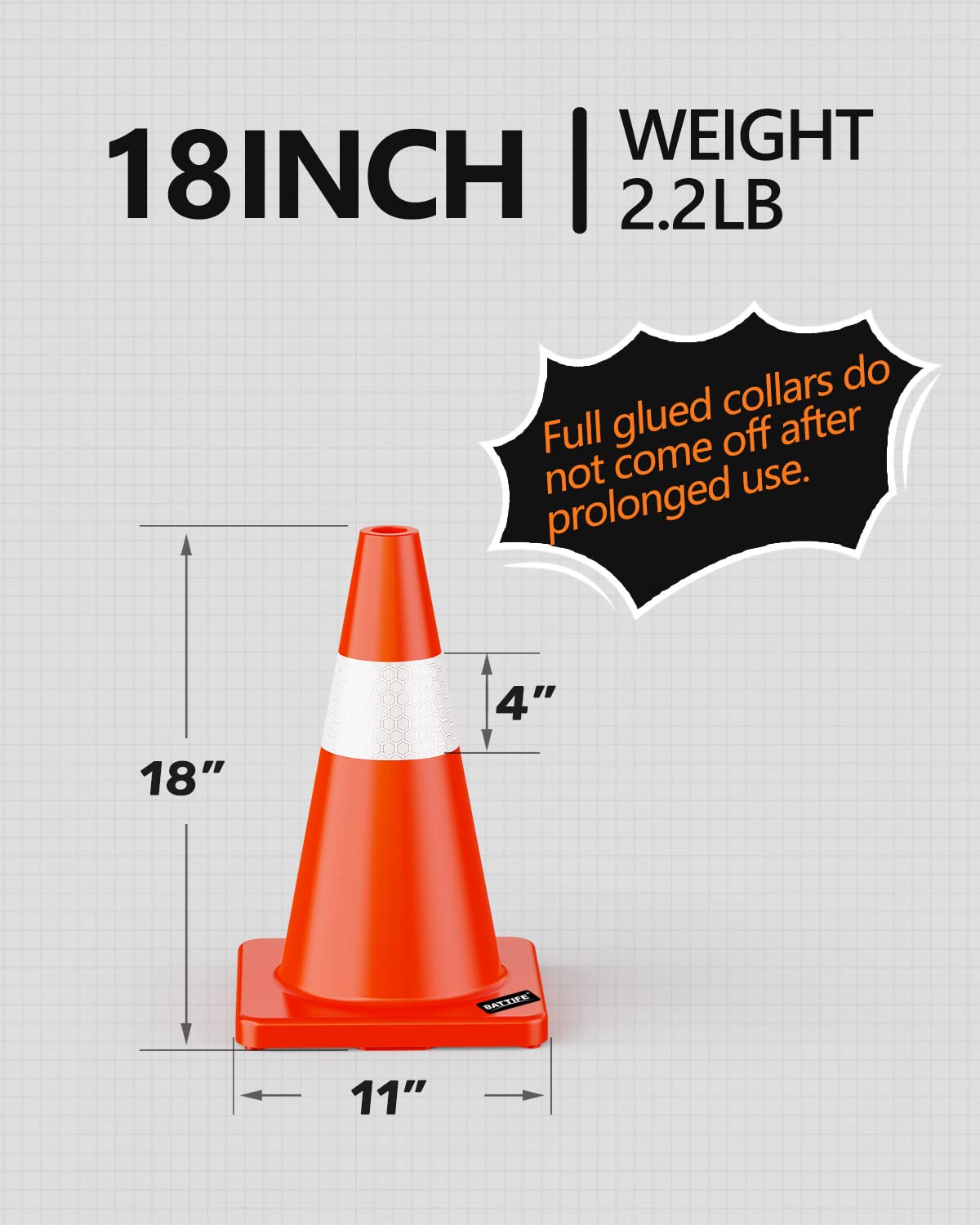 BATTIFE 12Pack Traffic Safety Cones 18" inch with Reflective Collars PVC Orange Construction Cones for Home Driveway Road Parking Use