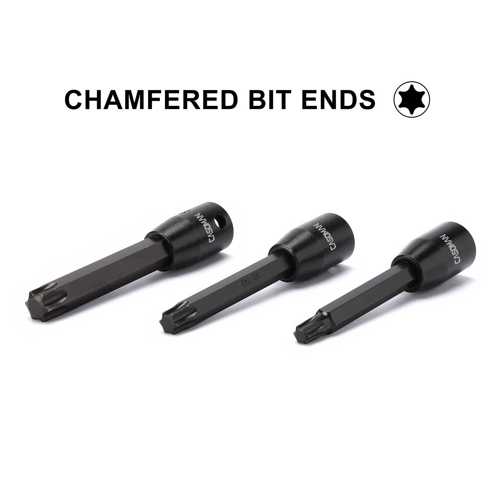 CASOMAN 8 Piece 3/8β Drive Extra Long Torx Star Bit Socket Set, T30-T70, S2 Steel, 3.5-inch Length Torx Bit in 3/8-inch Dr.