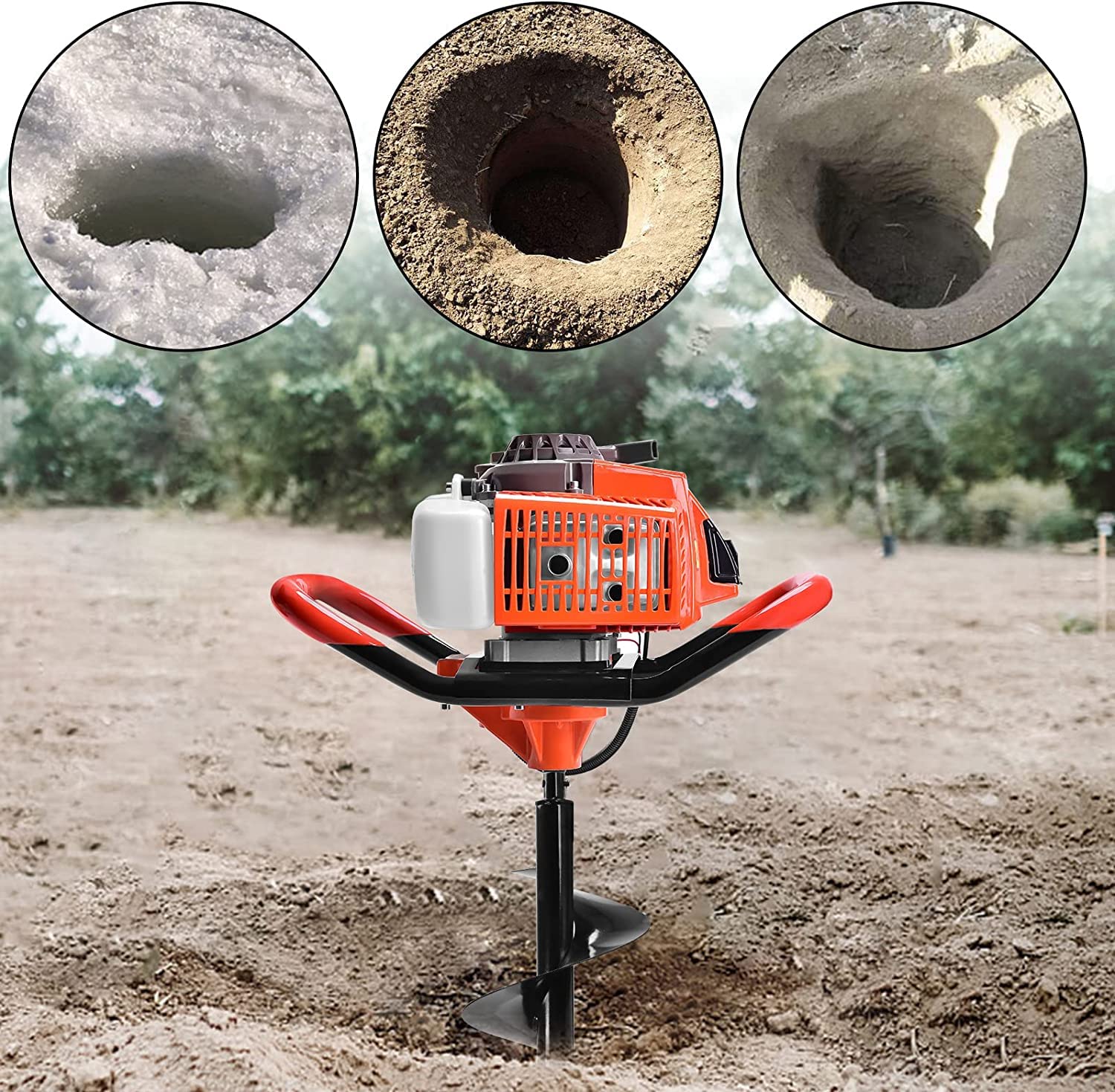 Auger Post Hole Digger Gas Powered 72CC 4HP 2 Stroke Earth Ground Auger with 3 Garden Auger Spiral Drill Bits 4" & 8" & 12", 3 Extension Rods for Planting, Post Hole Digging, Drilling