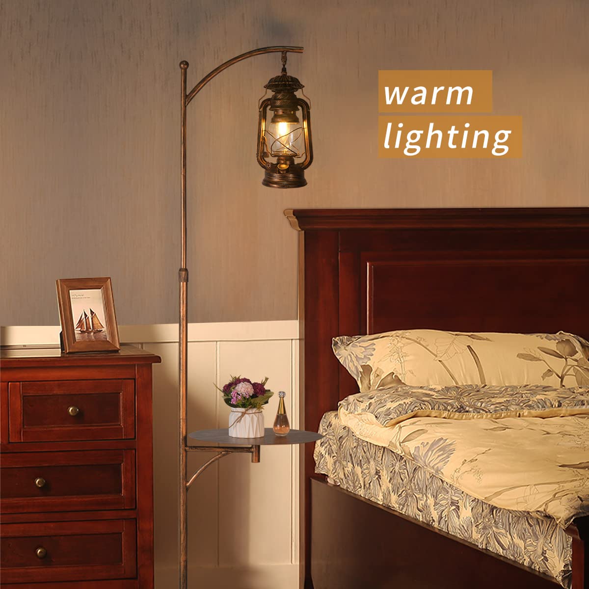 beaysyty Farmhouse Adjustable Floor Lamps with Tray Lantern Tall Standing lamp for Bedroom Home Decor for Office Cafe Den Living Room Bedroom, On/Off Foot Switch and Brushed Rustic (Red Copper)