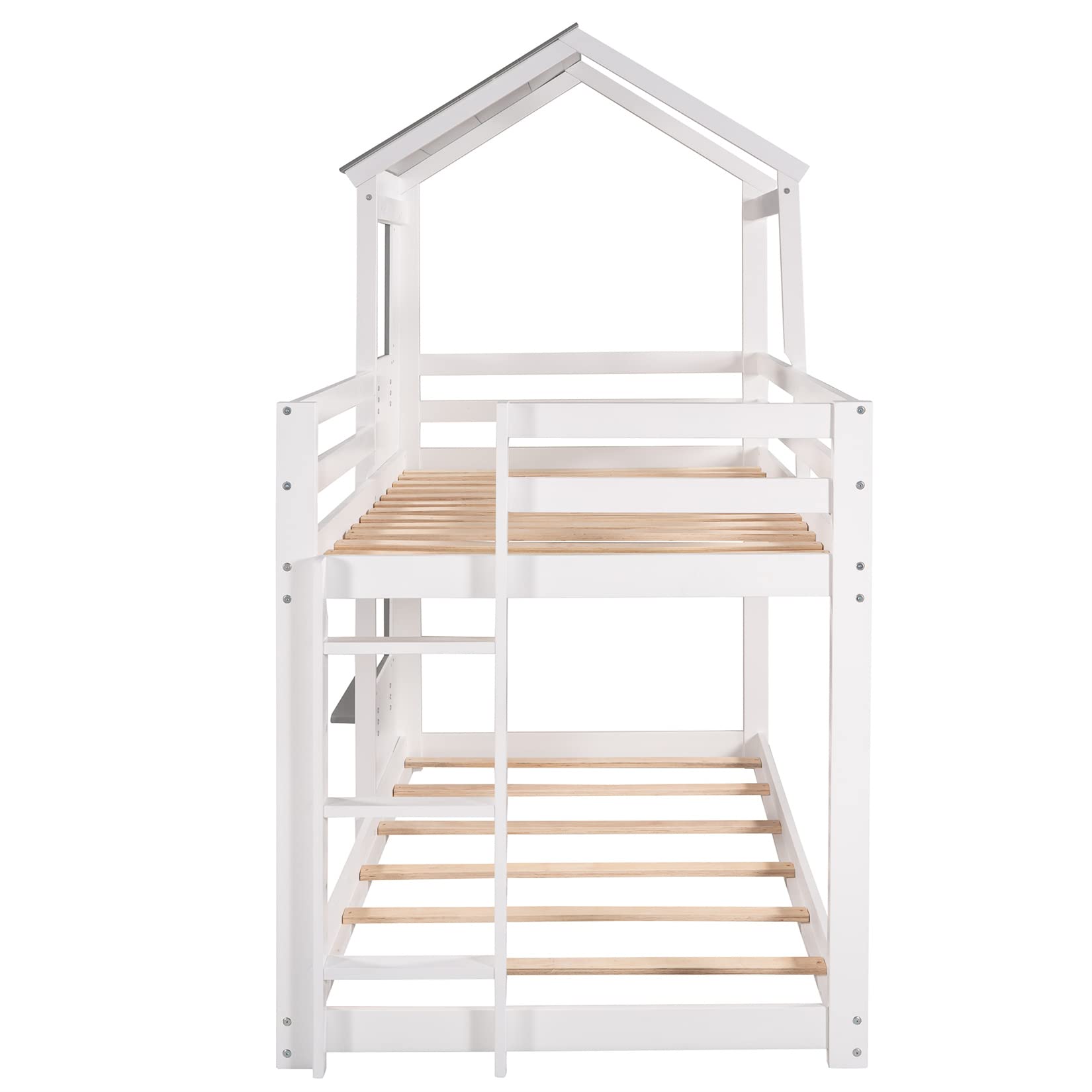 House Bunk Beds, Twin Over Twin Bunk Bed Wooden Floor Bunk Bed Frame for Kids/Teens/Girls/Boys, White