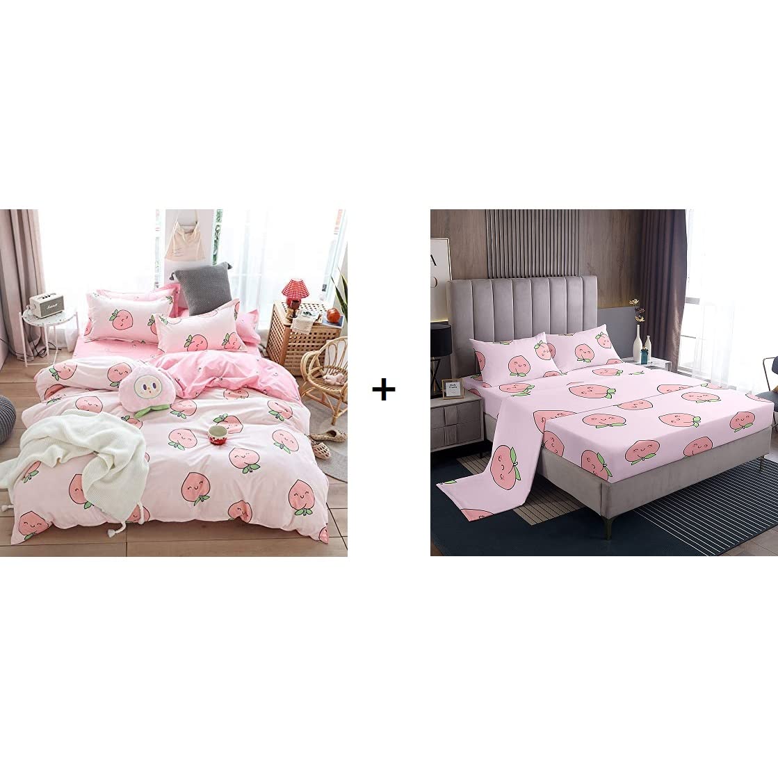 Erosebridal 7 Pieces Peach Bedding Set: Duvet Cover+Bed Sheets (Queen Size)