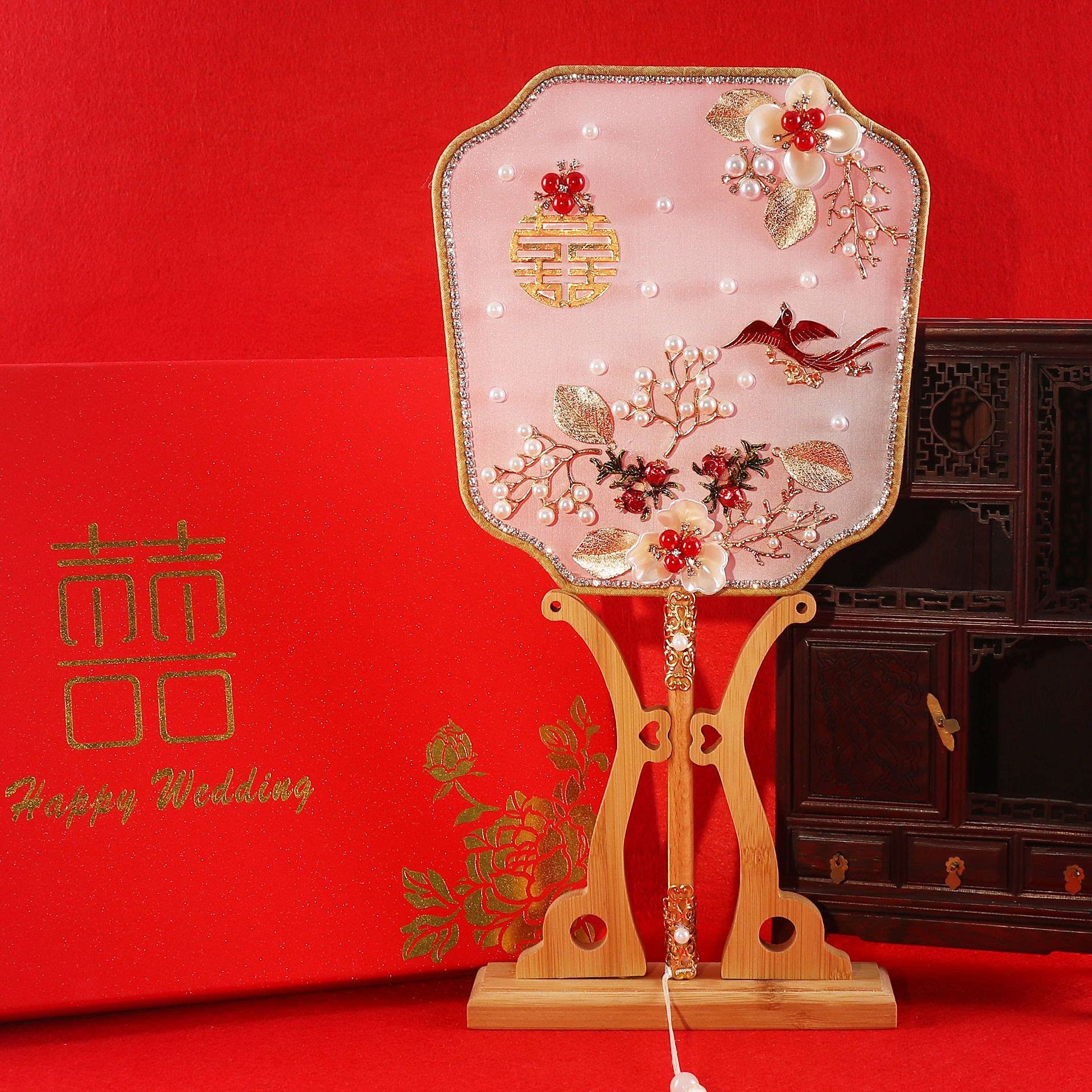 Albert Ancient Wind Bride Chinese-Style Hand-held Flower DIY Material Package Fan Show Woil Married Hanfu COS Pearl Happy Fan (Color : C)