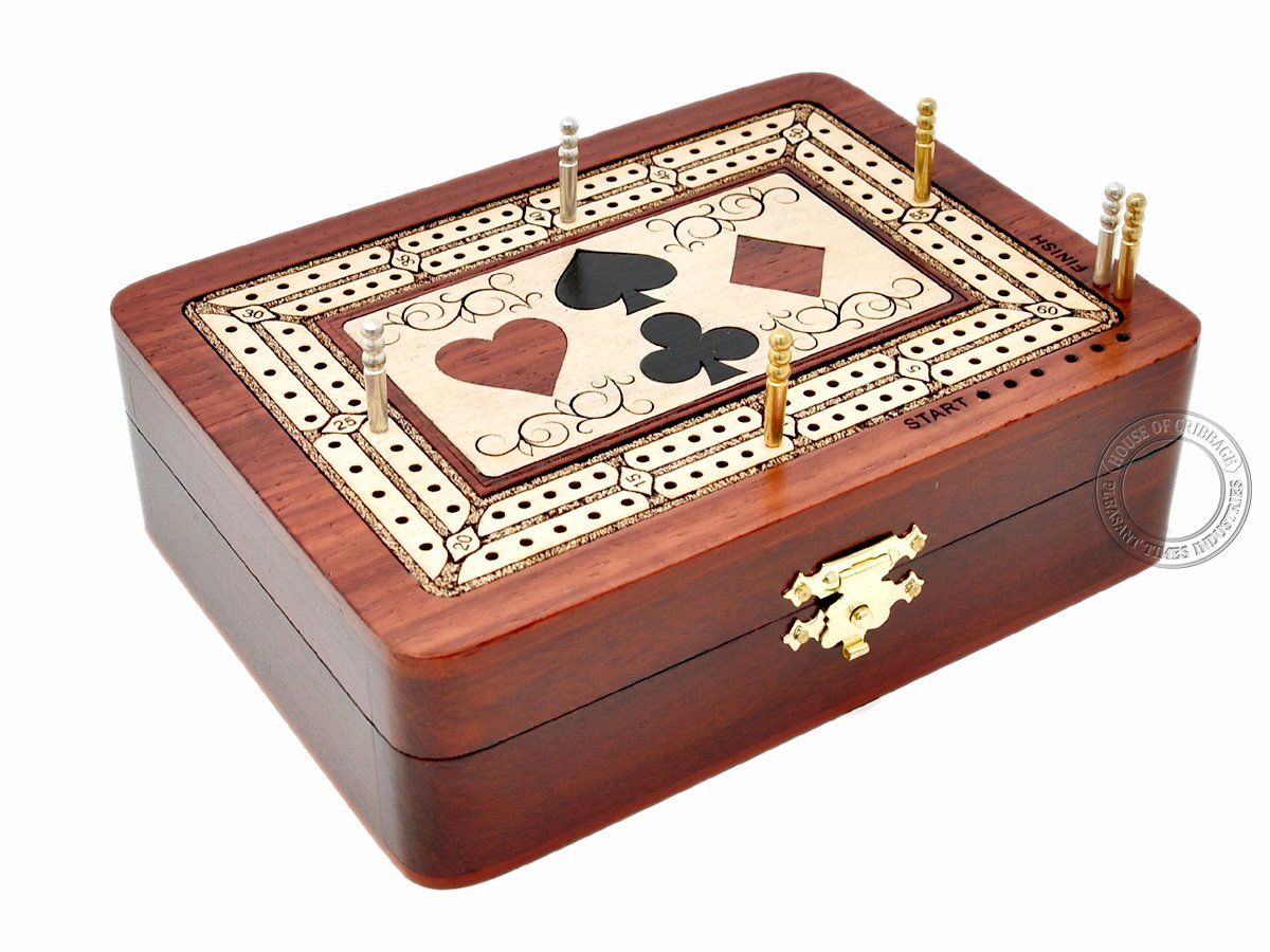 House of Cribbage - 2 Track - Wooden Cribbage Board/Box - Inlaid in Bloodwood/Maple Wood - Storage for Pegs & One Deck of Cards - 60 Points - Non Continuous
