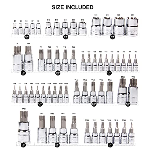 CASOMAN Master Torx Bit Socket and External Torx Socket Set, 60-Piece Set, S2 and Cr-V Steel,E4-E24, T6-T70,TT6-TT70,TP8-TP60
