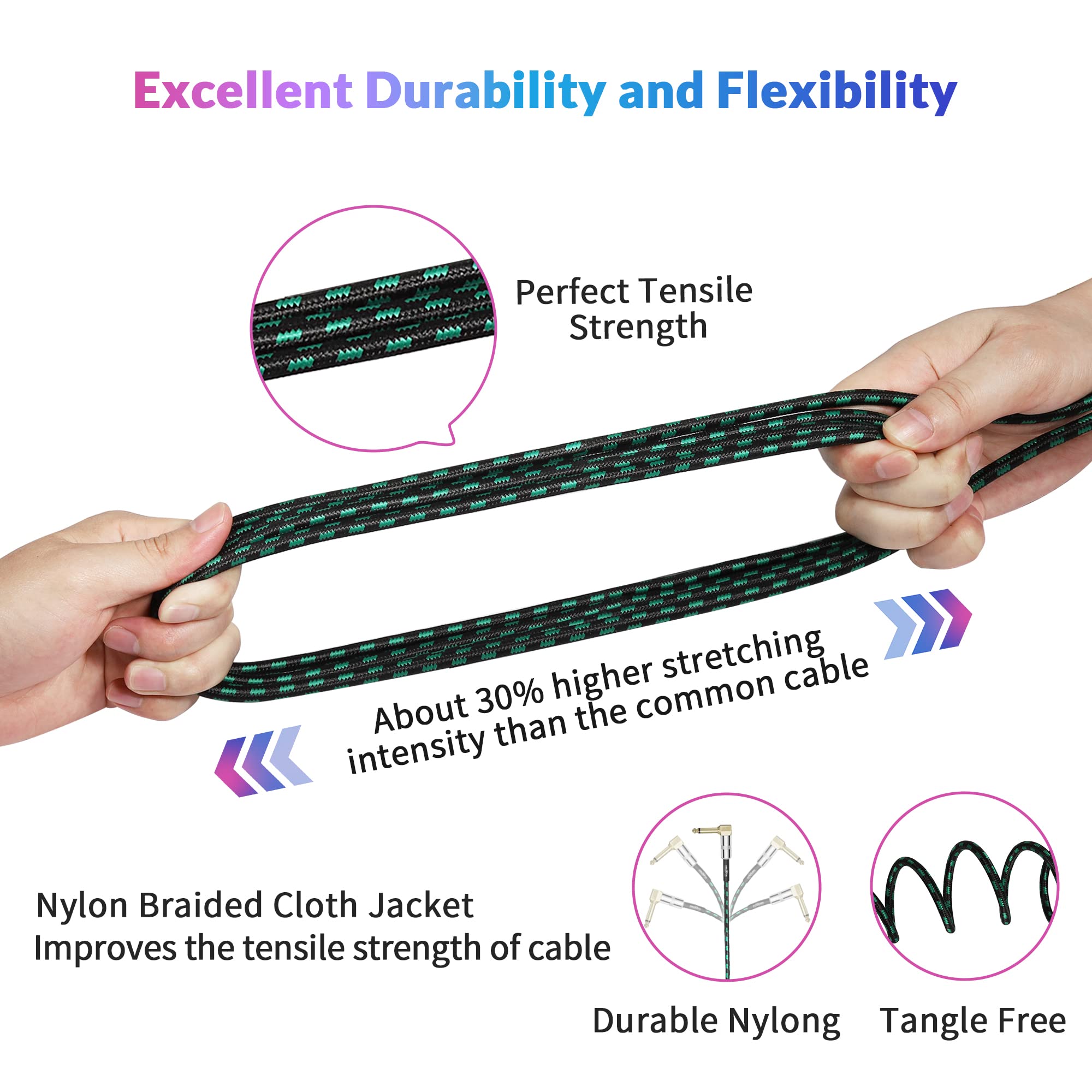 Augioth Guitar Cable 20 ft 2 Pack, Electric Instrument Bass Cable AMP Cord 1/4 Straight to Angled Black and Green Tweed