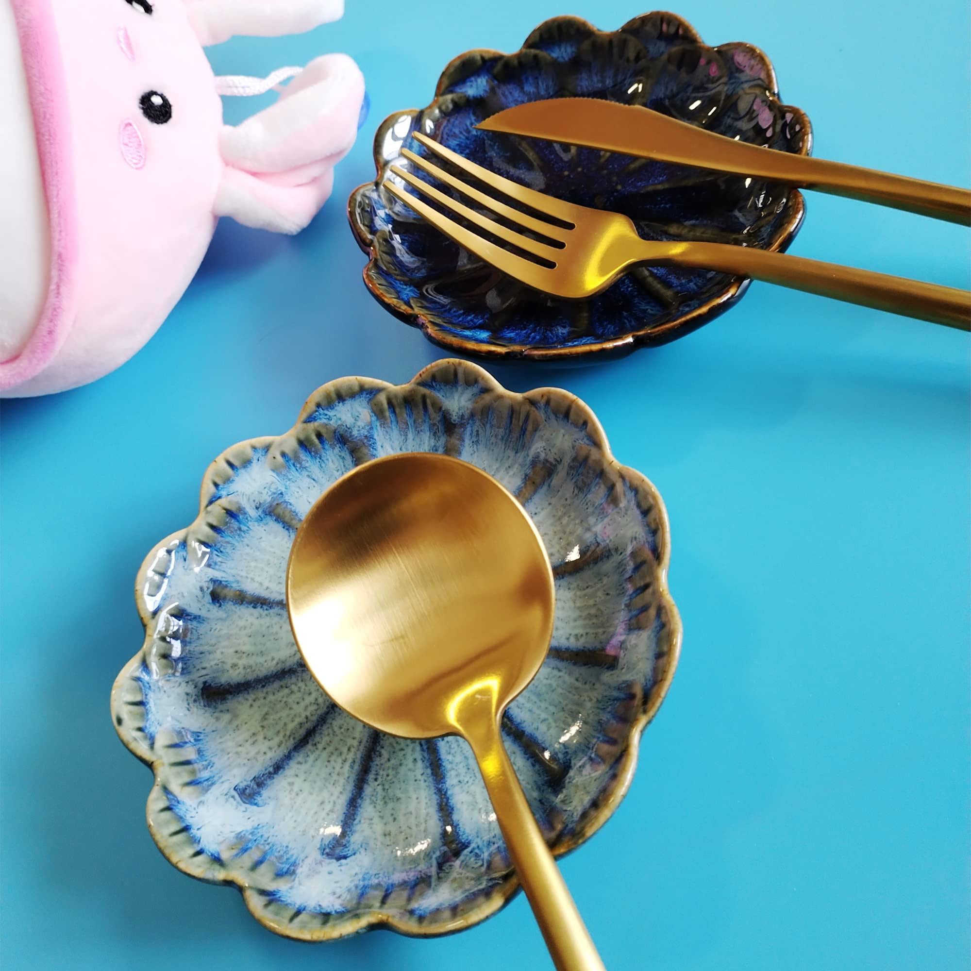 NJLJOM 2 Pack Ceramic Spoon Rest, Sunflower Shape Heat-Resistant Utensil Rest for Kitchen Counter, Coffee Spoon Rest, Dessert Plates,Small Serving Plates, Kitchen Accessories (Deep Color)