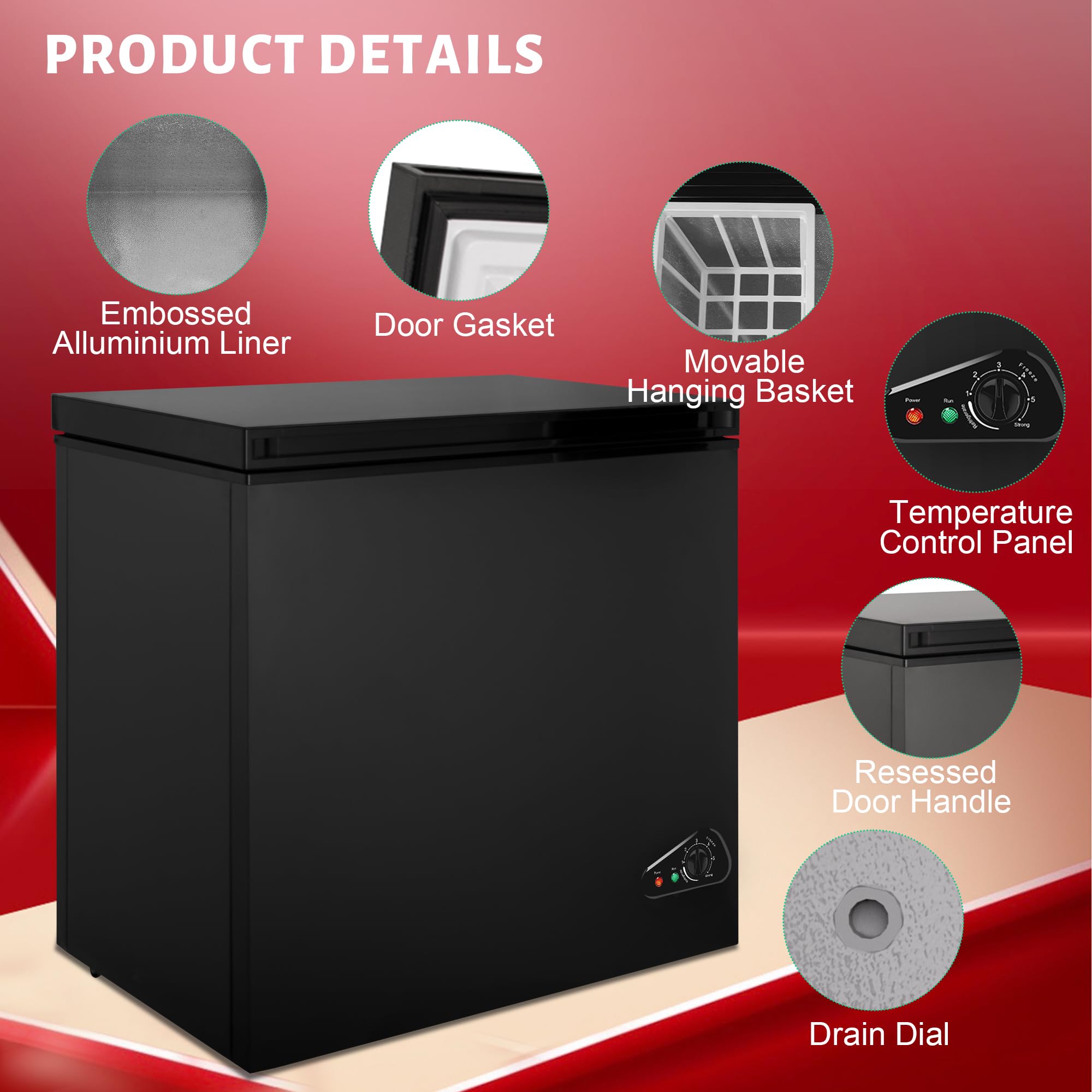 Chest Freezer 5.0 Cubic Feet with Removable Baskets and Defrost Water Drain, 6 Adjustable Temperature(Down to -18°F), Deep Freezer Top Open Door Compact Freezer for Home/Dorms/Apartment (Black)
