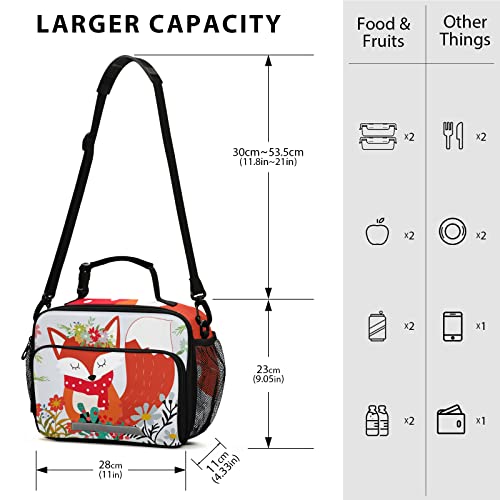 Cute Fox Lunch Box Flower Insulated Lunch Bag Girls Cooler Tote Kids Boys Shoulder Strap Reusable for School Picnic Travel Office