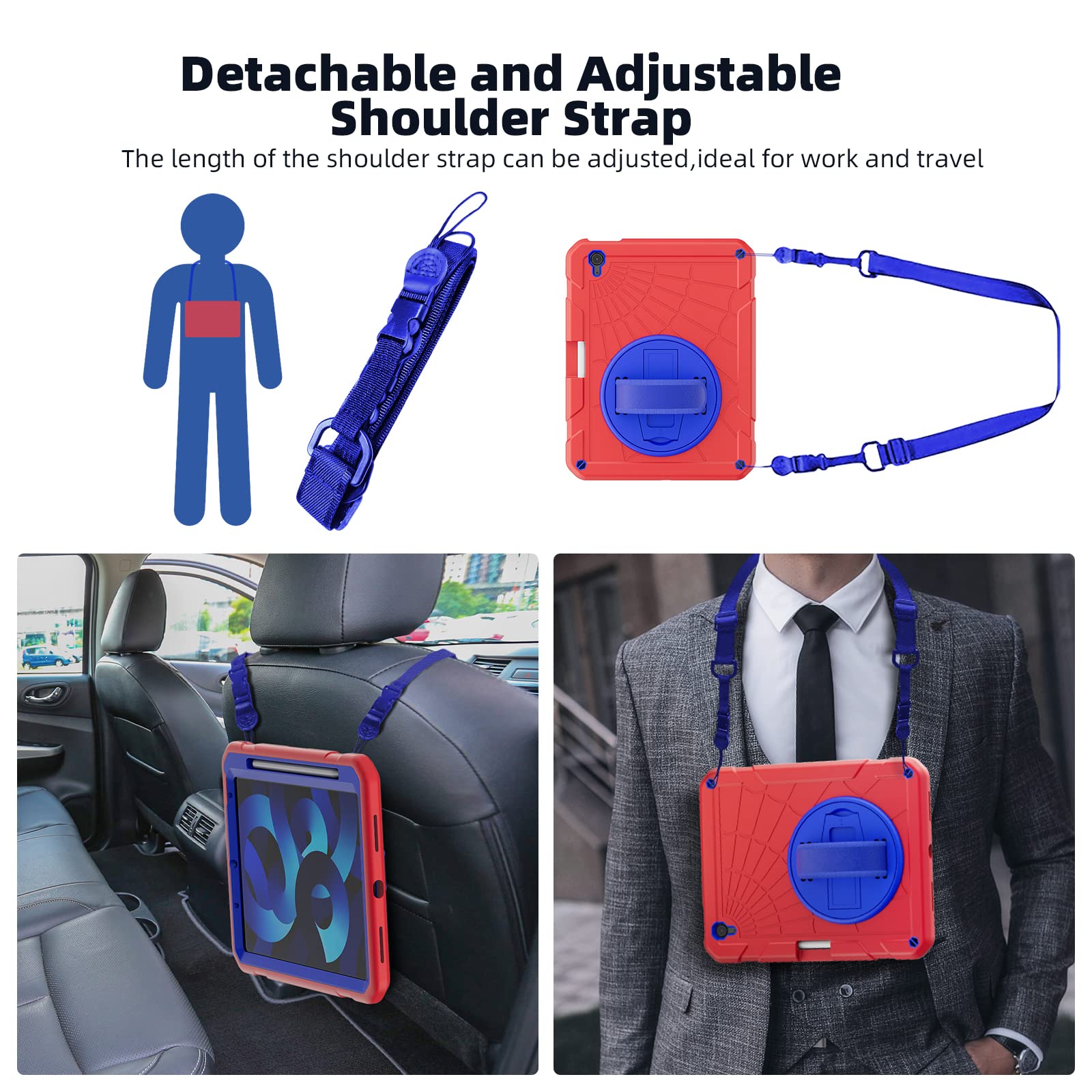 BLOSOMEET Case for iPad Air 5th/4th Generation 2022/2020 10.9" with Tempered Glass Screen Protector Pencil Holder, Protective Kids Case for iPad Air 5/Air 4 with Hand Shoulder Strap Stand,Red Blue