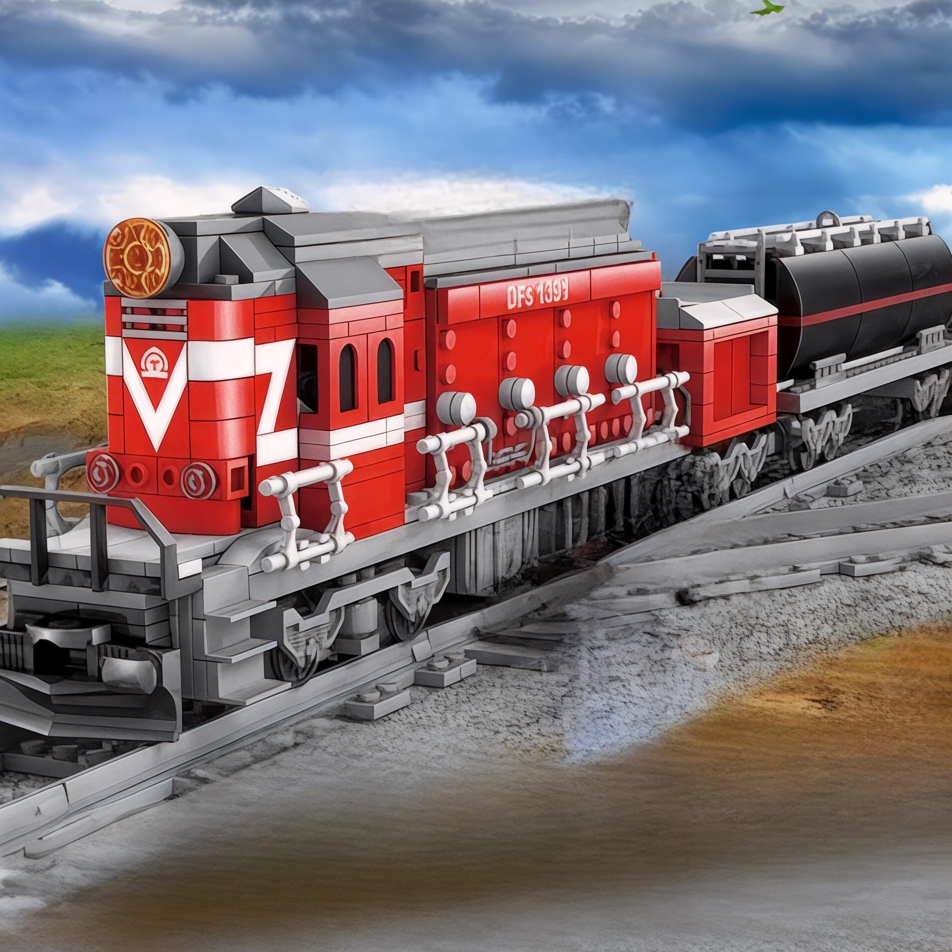 General Jim's Red Diesel Cargo Train Building Blocks Set - 1000+ Piece City Series with Automatic Running System, Railway Tracks, and Truck - Compatible with Major Brick Building Brands