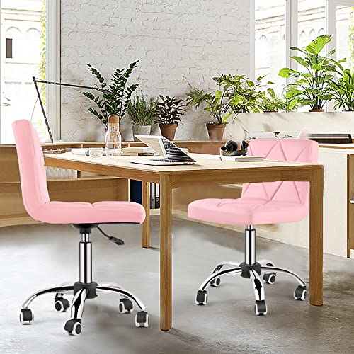COSVALVE Armless Desk Chair Set of 2, Low Back Swivel Office Chair, Adjustable Task Chair with Rolling Wheels and Diamond Pattern, for Home Computer Barber, 2-Pack, Pink