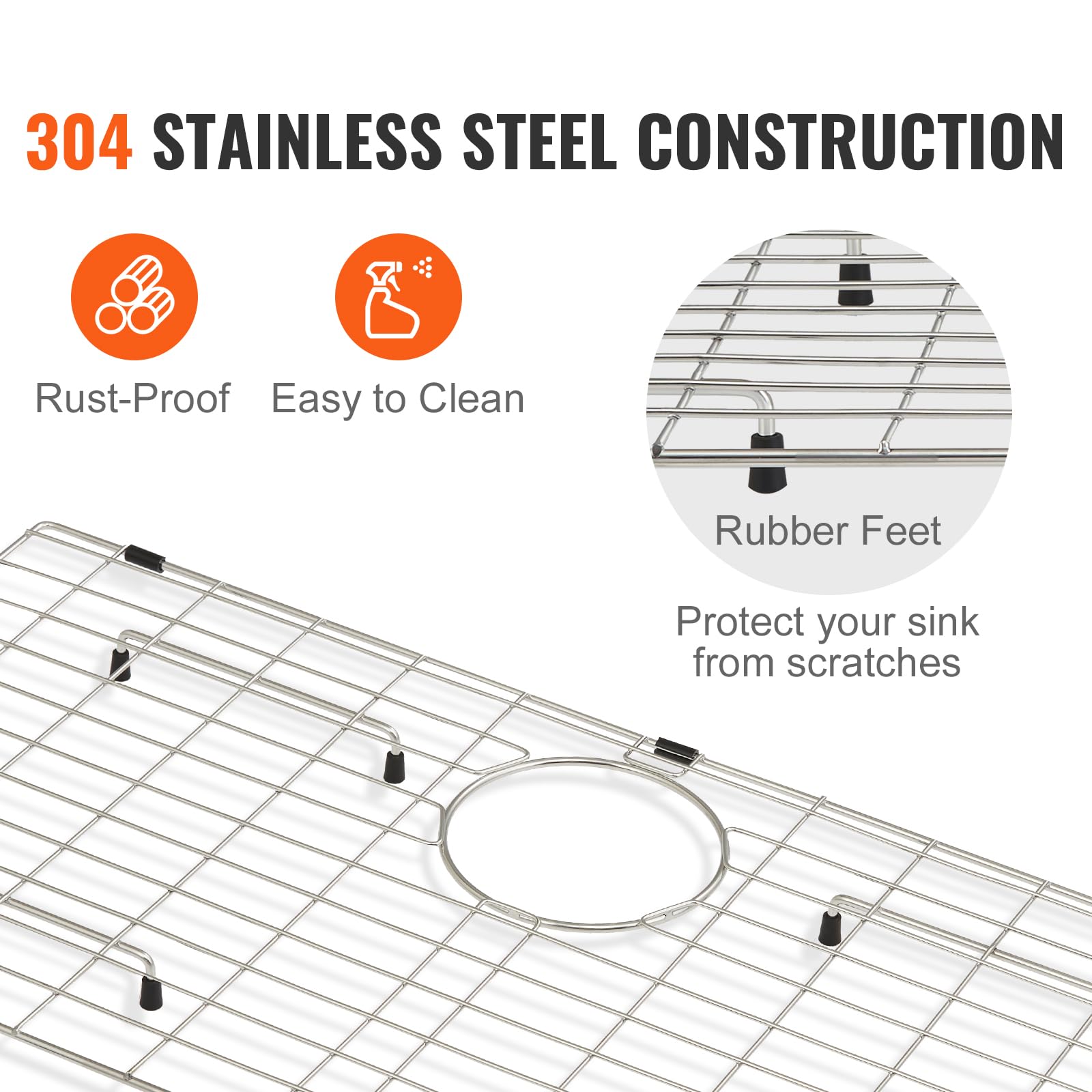 VEVOR Sink Protector Grid, 27.5"x13.5" Stainless Steel Sink, Rear Drain Sink Grates with R10 Corner Radius, Large Sink Bottom Grids, Universal Bowl Rack Sink Accessories For Kitchen Sink, Silver