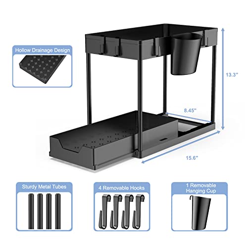 Bugdaben Under Sink Organizers and Storage - 2 Tier Sliding Under Sink Organizer with Dividers, 4 Hooks and 1 Hanging Cup, Multi-purpose Under Cabinet Organizer for Bathroom & Kitchen