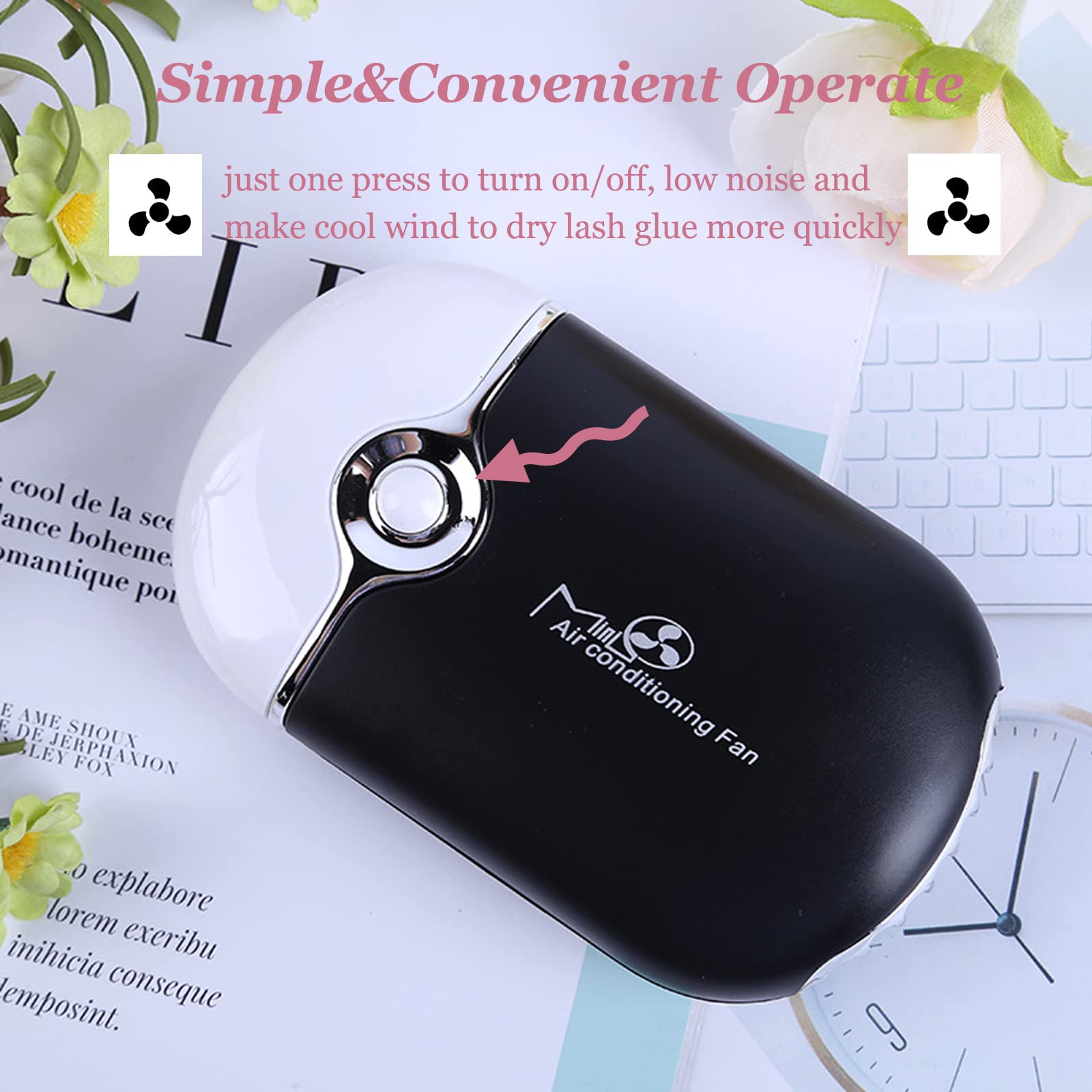 AREMOD Eyelash Extensions Fan Lash Fan Dryer USB Rechargeable Air Condition Cooling Blower Mini Makeup Fan Hand Held Fan for Lash Extensions (Pink)