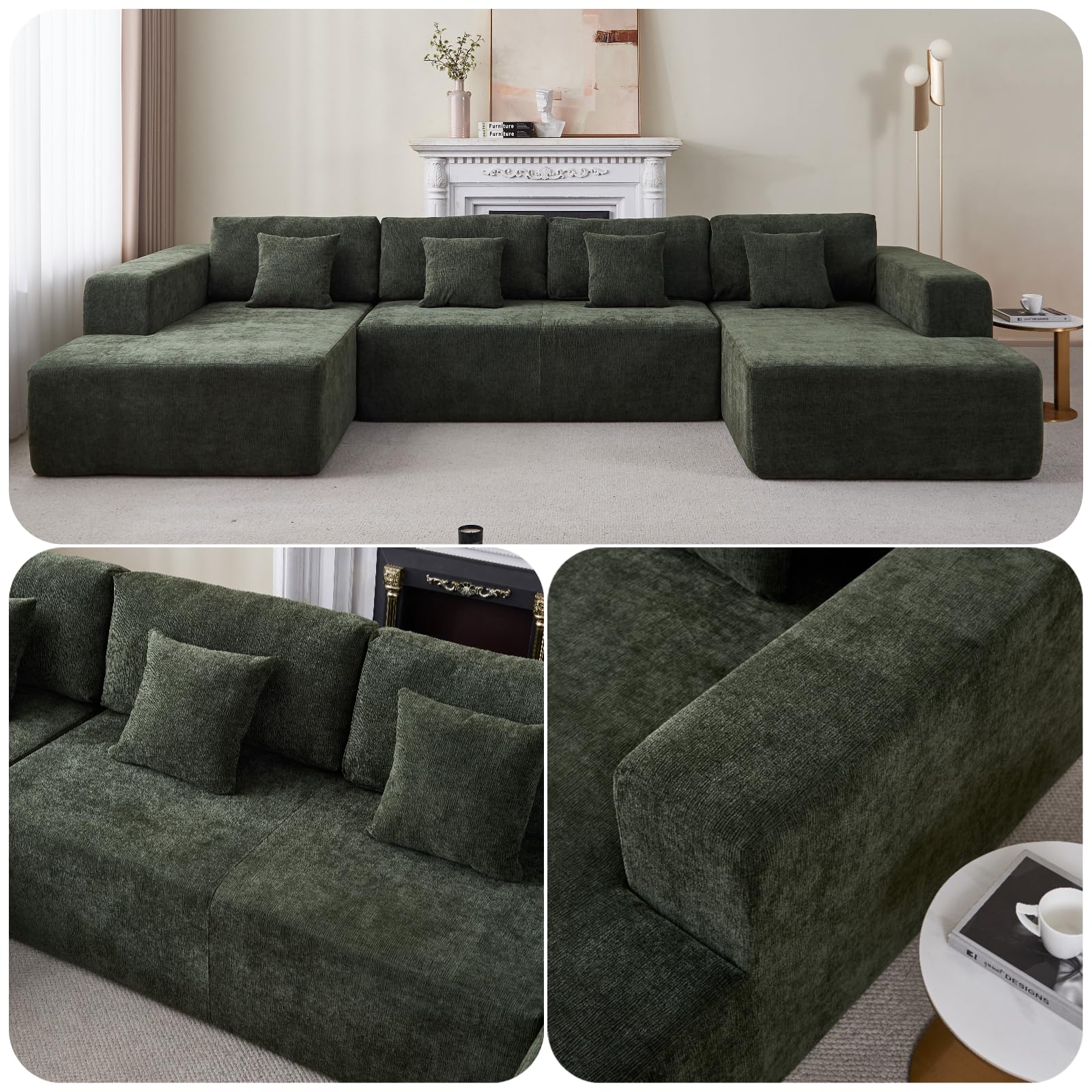 ChicFurnit Couch, U-Shaped Sectional Sofa, Modular Sectional Sofa with Plush Cushions, Reversible Sofa Couch with Supportive Backrests, Sectional Couches for Living Room, Green