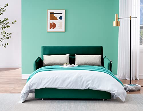DHPM Pull Out Couch w/Headboard, 54" Modern Velvet Convertible Sleeper Love seat Sofa Bed with 2 Pillows & Detachable Side Pockets for Small Space, Living Room, Apartment, Green