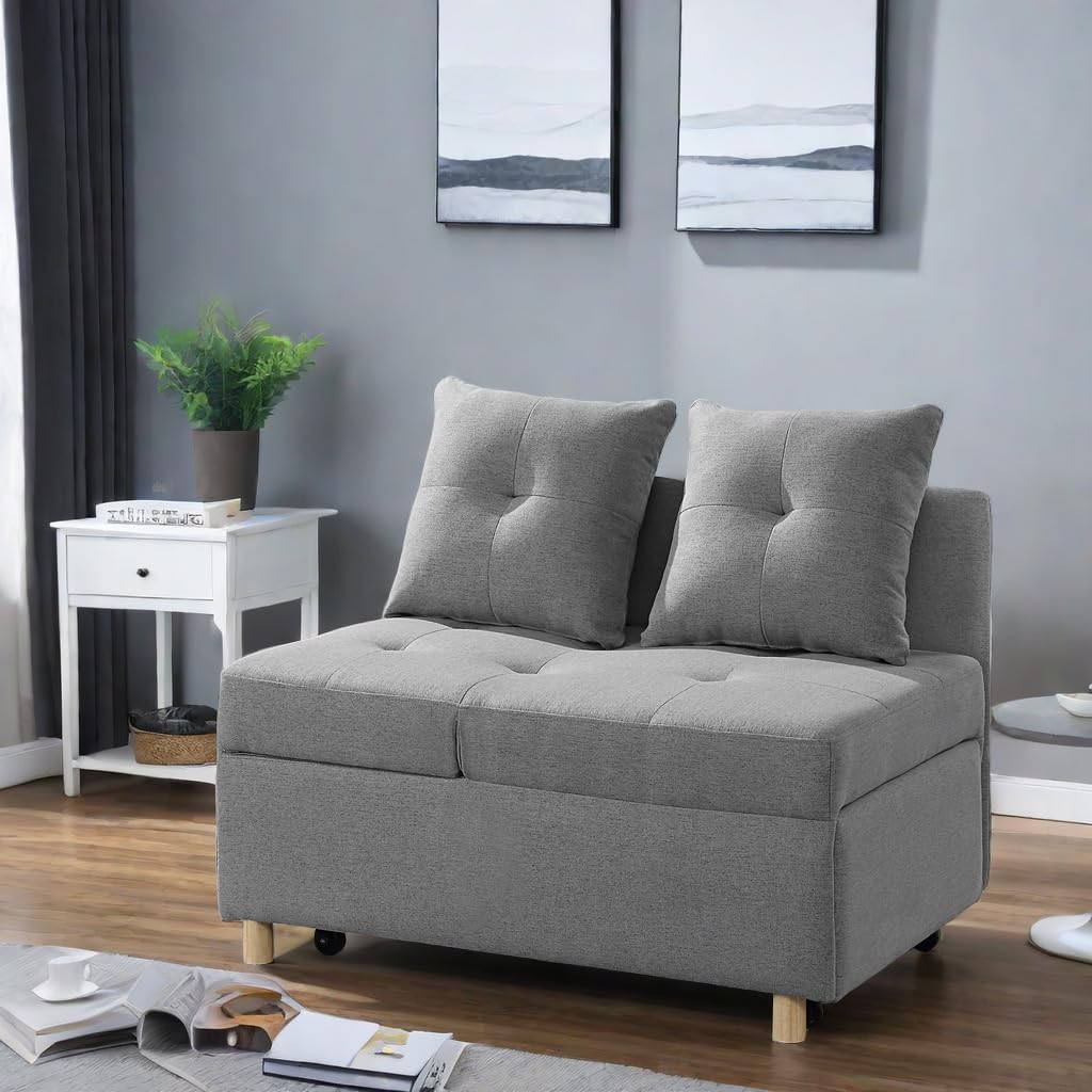 ChicFurnit Couch, 3-in-1 Convertible Sofa Bed, Linen Single Extendable Sofa with Adjustable Back, Futon Chair with 1 Lumbar Pillow, Futon Sofa Bed with 4 Small Wheels for Living Room, Dark Gray